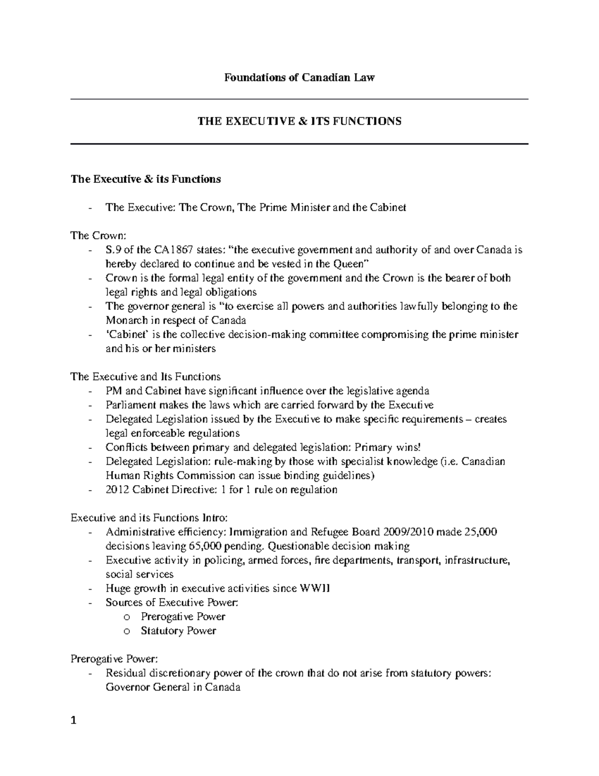 FCL - Lecture 6 - Foundations of Canadian Law THE EXECUTIVE & ITS ...