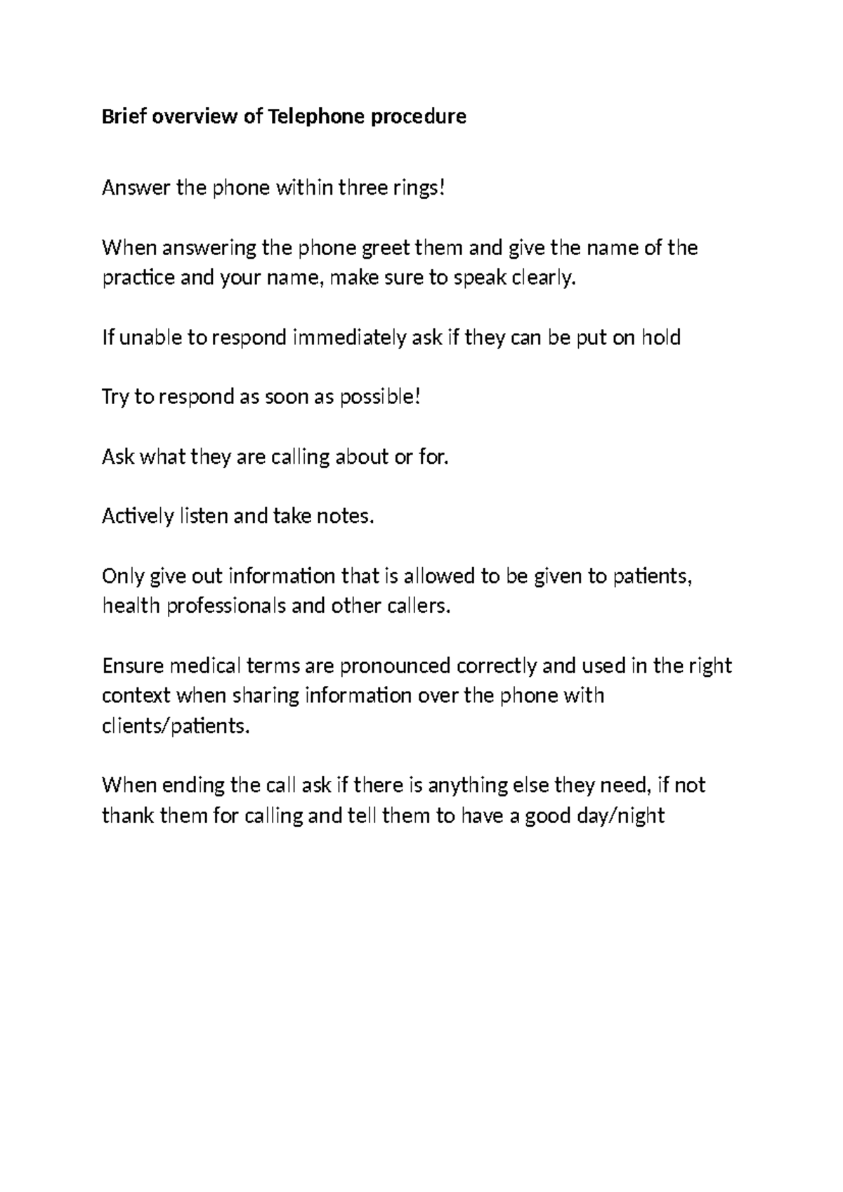 Brief overview of Telephone procedure - If unable to respond ...