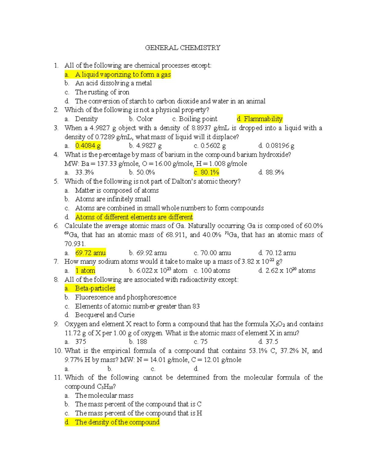 Gen Chem wt ans - Inorganic Chemistry questions and answers - GENERAL ...