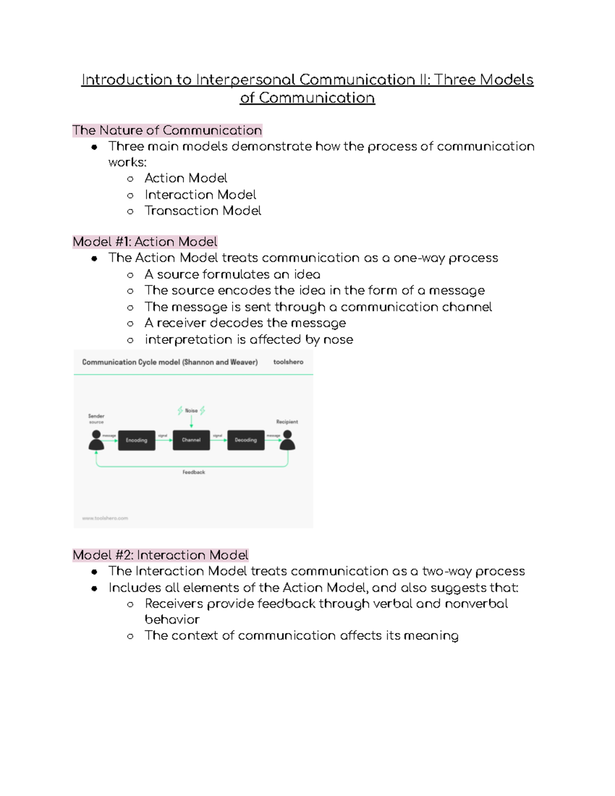 Three Models of Communication Lecture - COMM 218 - OSU - Studocu