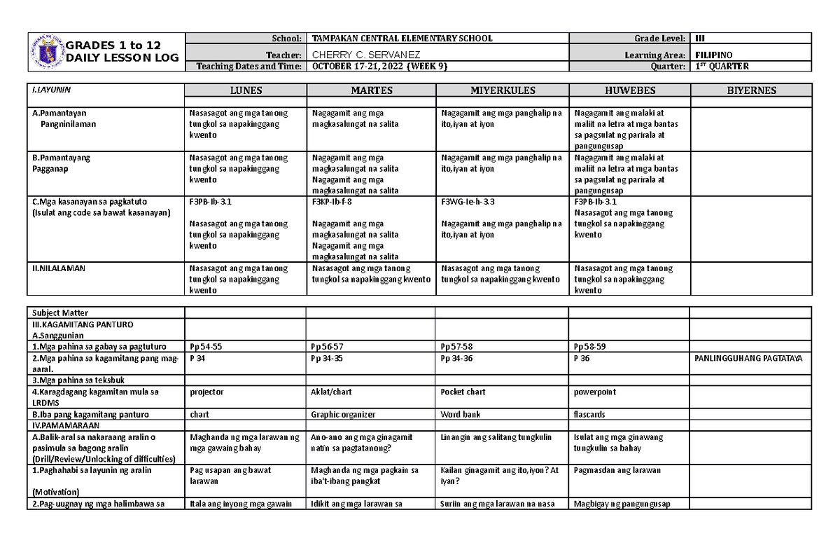 DLL Filipino-3 Q1 W9 - STUDY - GRADES 1 to 12 DAILY LESSON LOG School ...