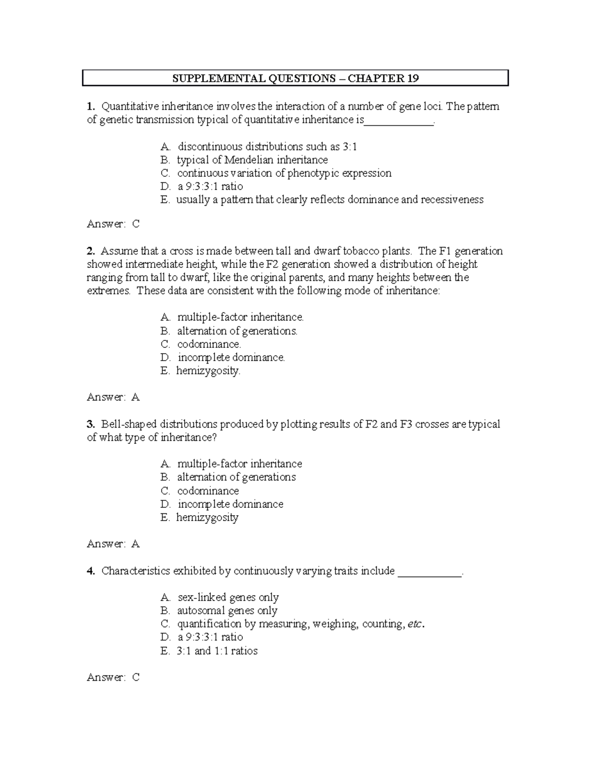 Quantitative Genetics - SUPPLEMENTAL QUESTIONS – CHAPTER 19 ...