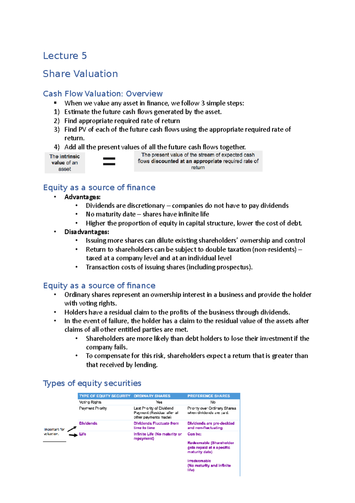 Lecture 5 Share valuation - Lecture 5 Share Valuation Cash Flow ...