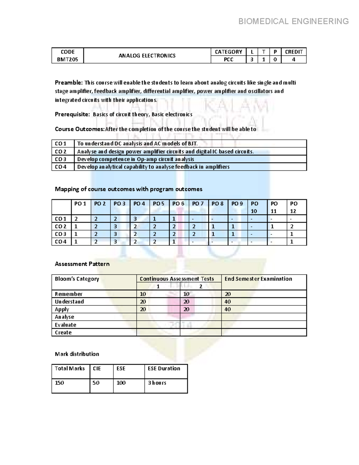 BMT205 - Syllabus - CODE BMT ANALOG ELECTRONICS CATEGORY L T P CREDIT PCC 3 1 0 4 Preamble: This ...