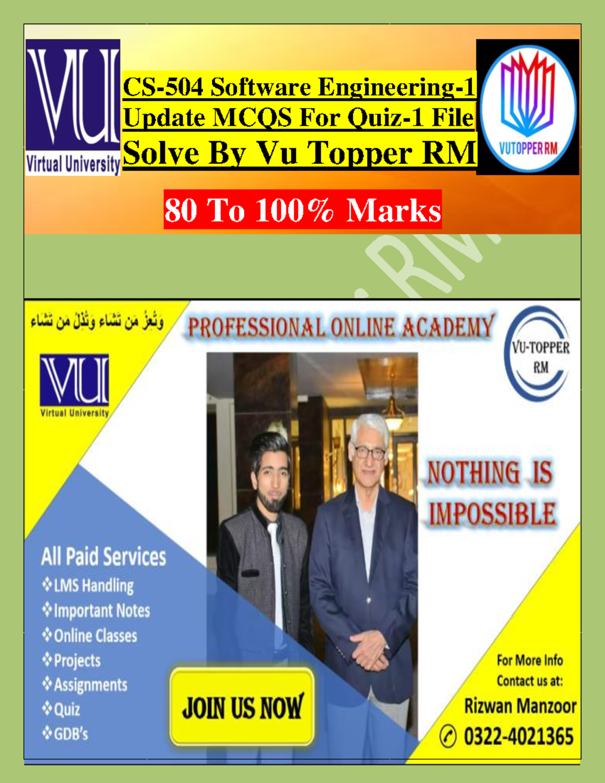 CS504 Quiz-1 By Vu Topper RM - CS-504 Software Engineering- 1 Update MCQS For Quiz-1 File Solve ...