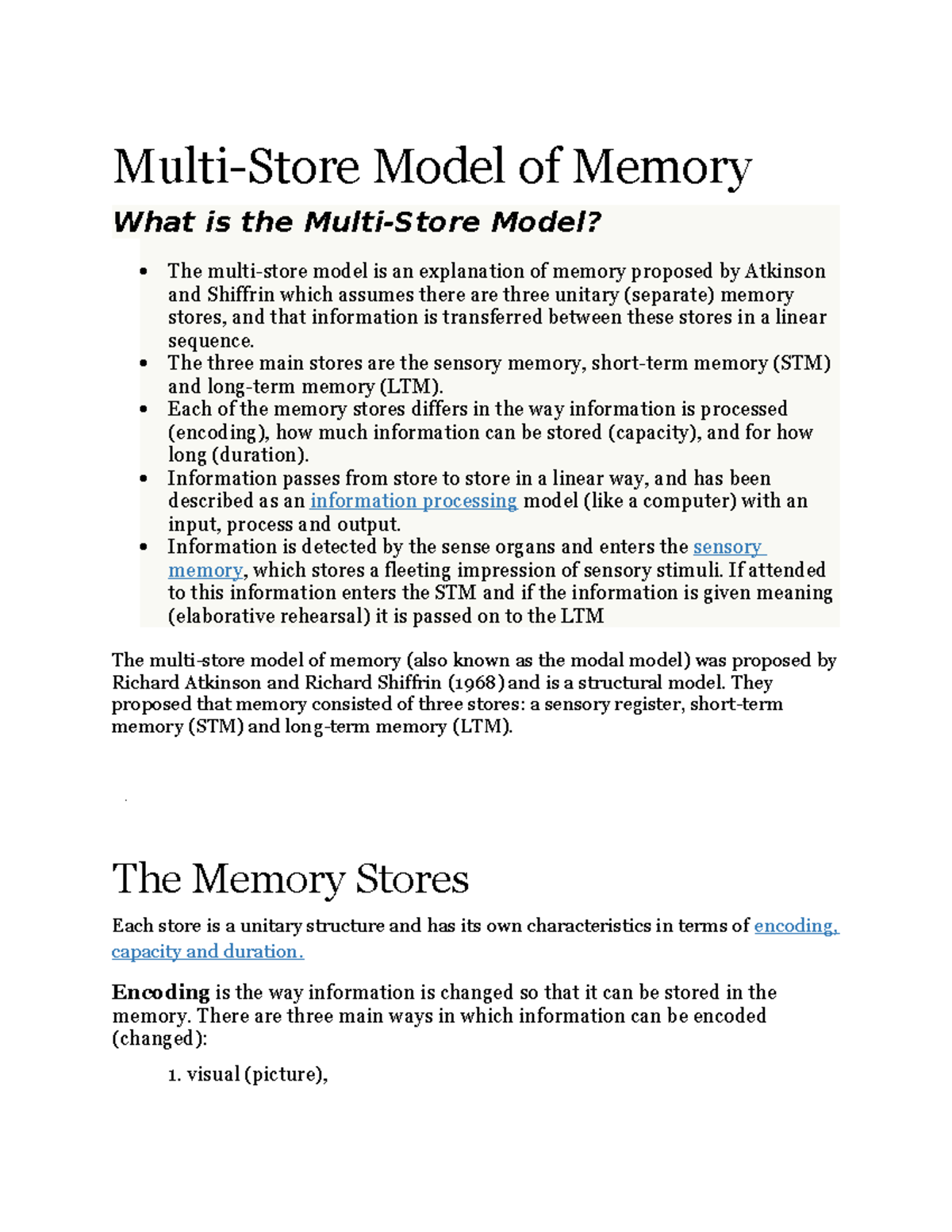 Module 06 Multi Store Memory - Multi-Store Model of Memory What is the ...