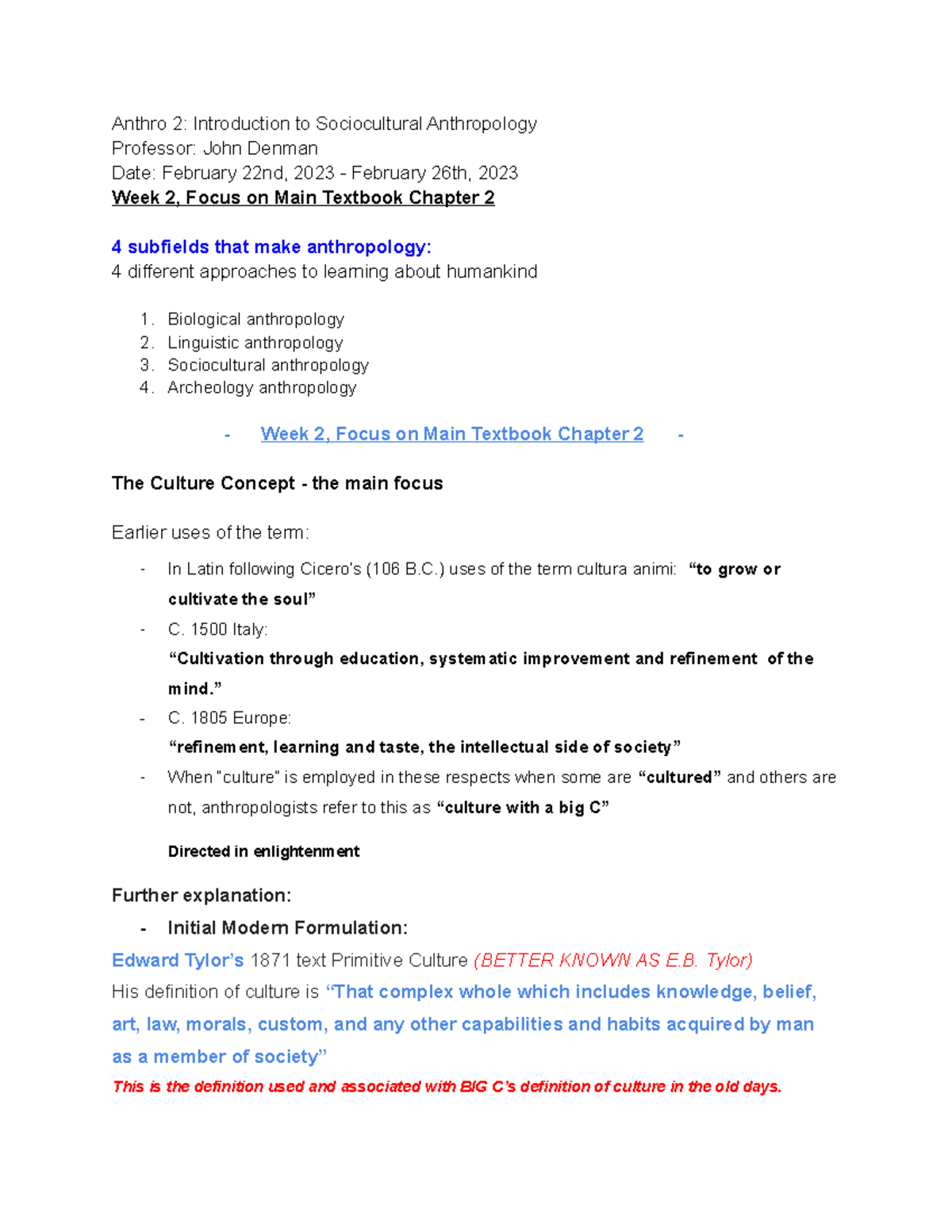 Anthropology Class Notes Week 2 Feb 22 - Anthro 2: Introduction to ...