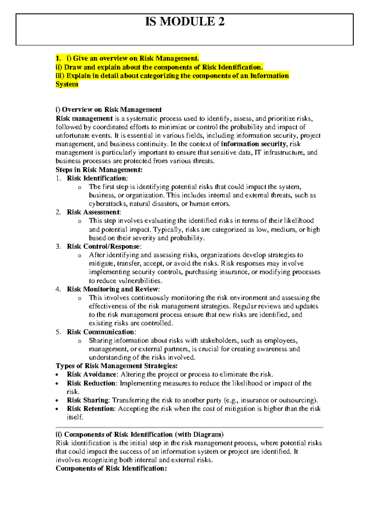 IS Module 2 my notes - nil - i) Give an overview on Risk Management. ii ...