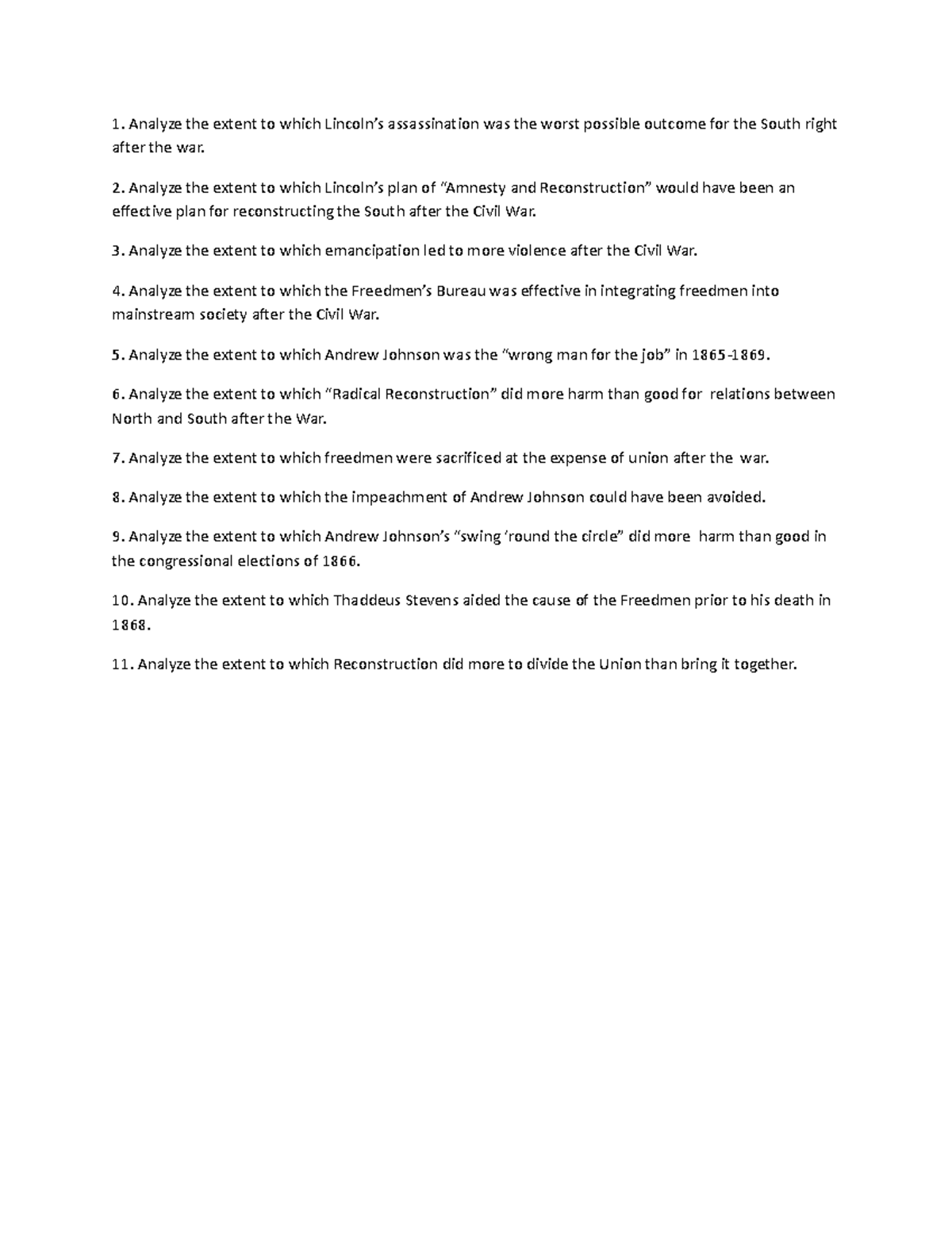 Reconstruction guiding questions - Analyze the extent to which Lincoln ...