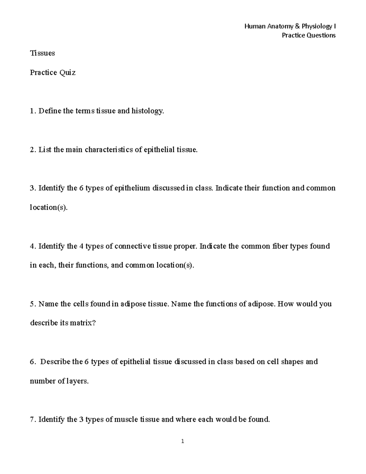 2021-BIOL 2651-Anatomy-Physiology-I-Practice-Questions-Unit-1-Tissues ...