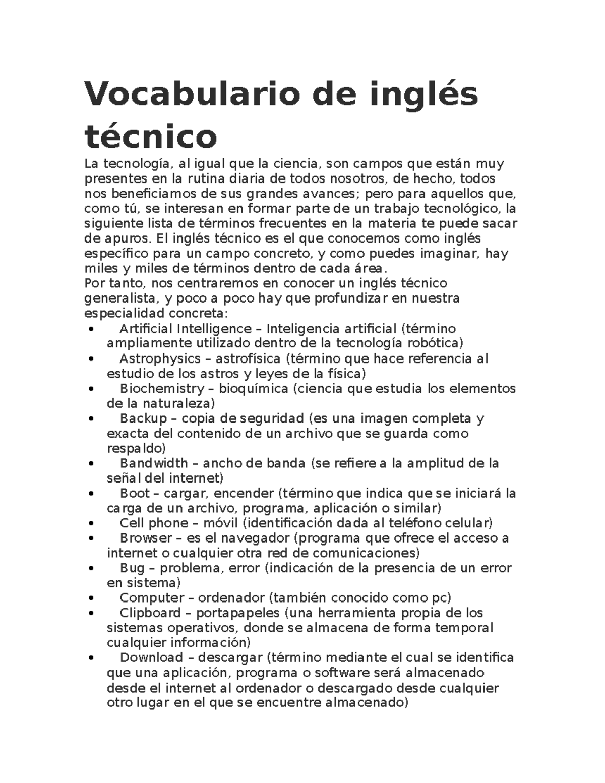 Vocabulario de inglés técnico - Vocabulario de inglés técnico La ...