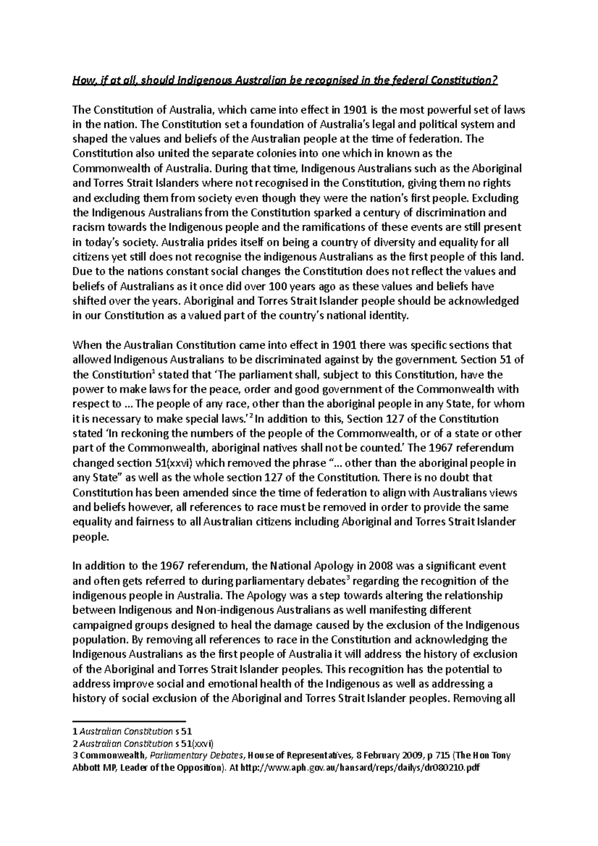 Assessment 2 - How, if at all, should Indigenous Australian be ...