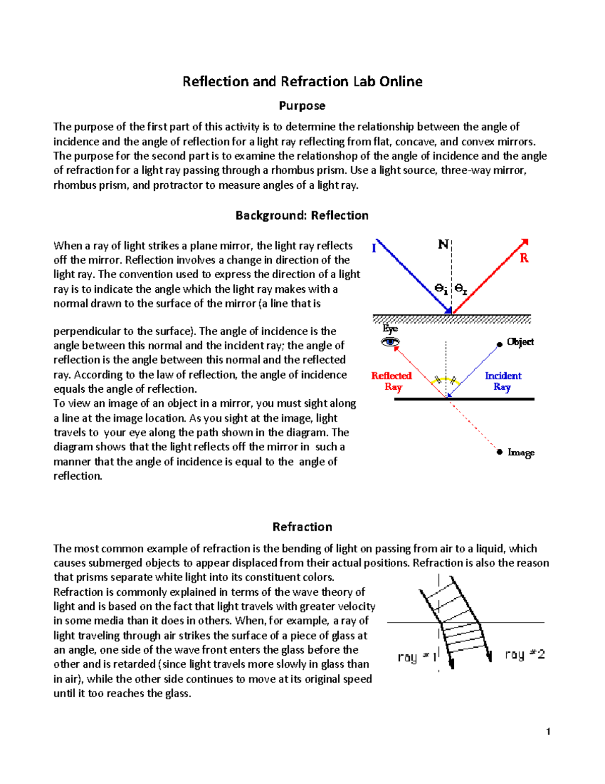 Fall2023 Reflection and Refraction Lab Online-1 - Reflection and Refraction Lab Online Purpose ...