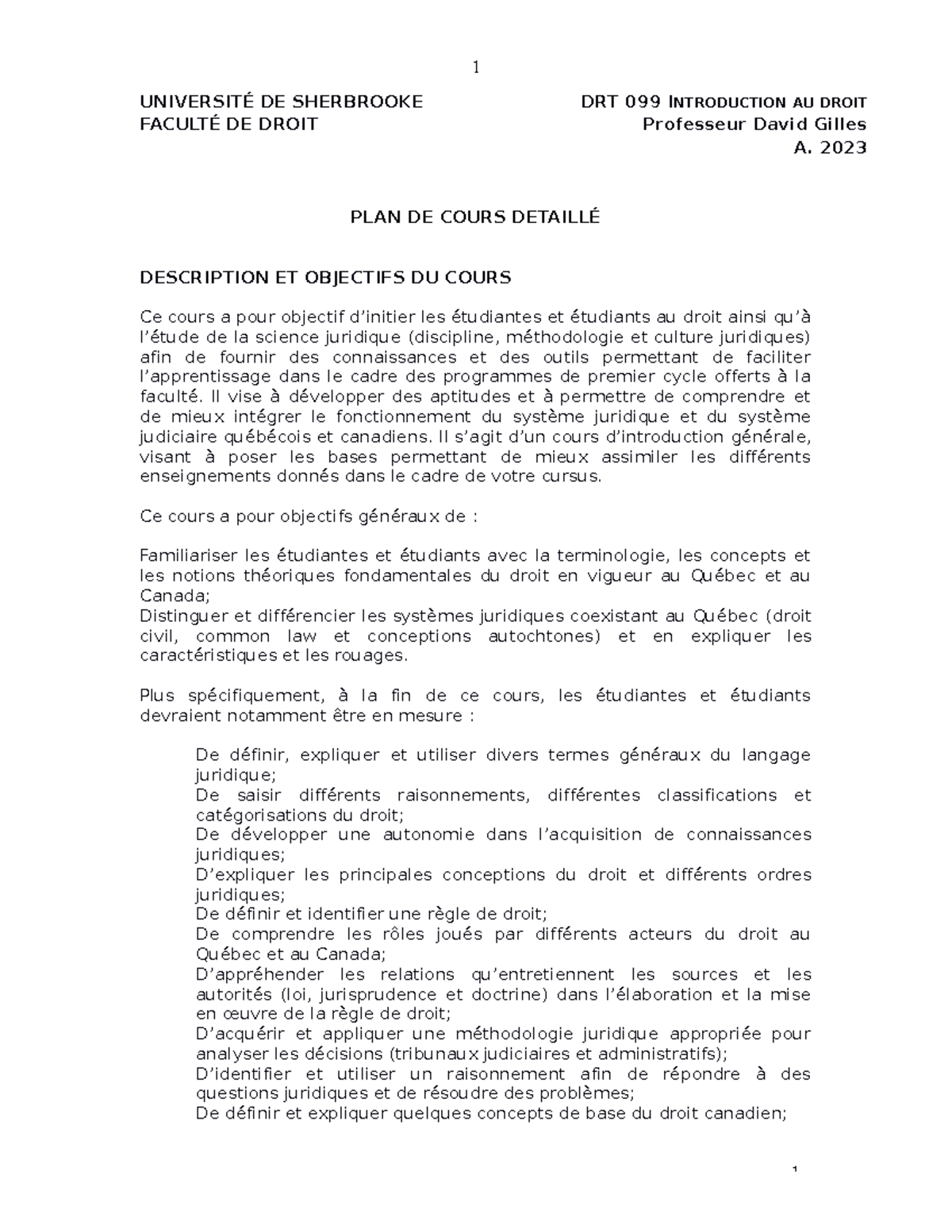 Plan, Gilles, 2023 intro au droit DRT099 - UNIVERSITÉ DE SHERBROOKE DRT 099 INTRODUCTION AU ...