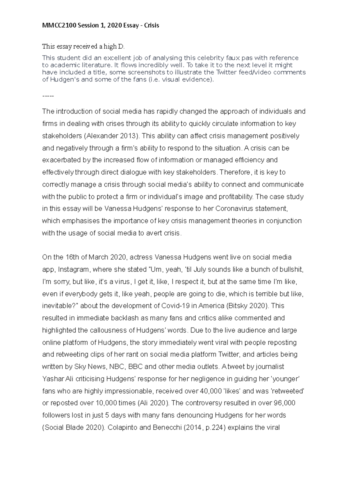 Sample Essay - Crisis - Vanessa Hudgens’ response to her Coronavirus ...