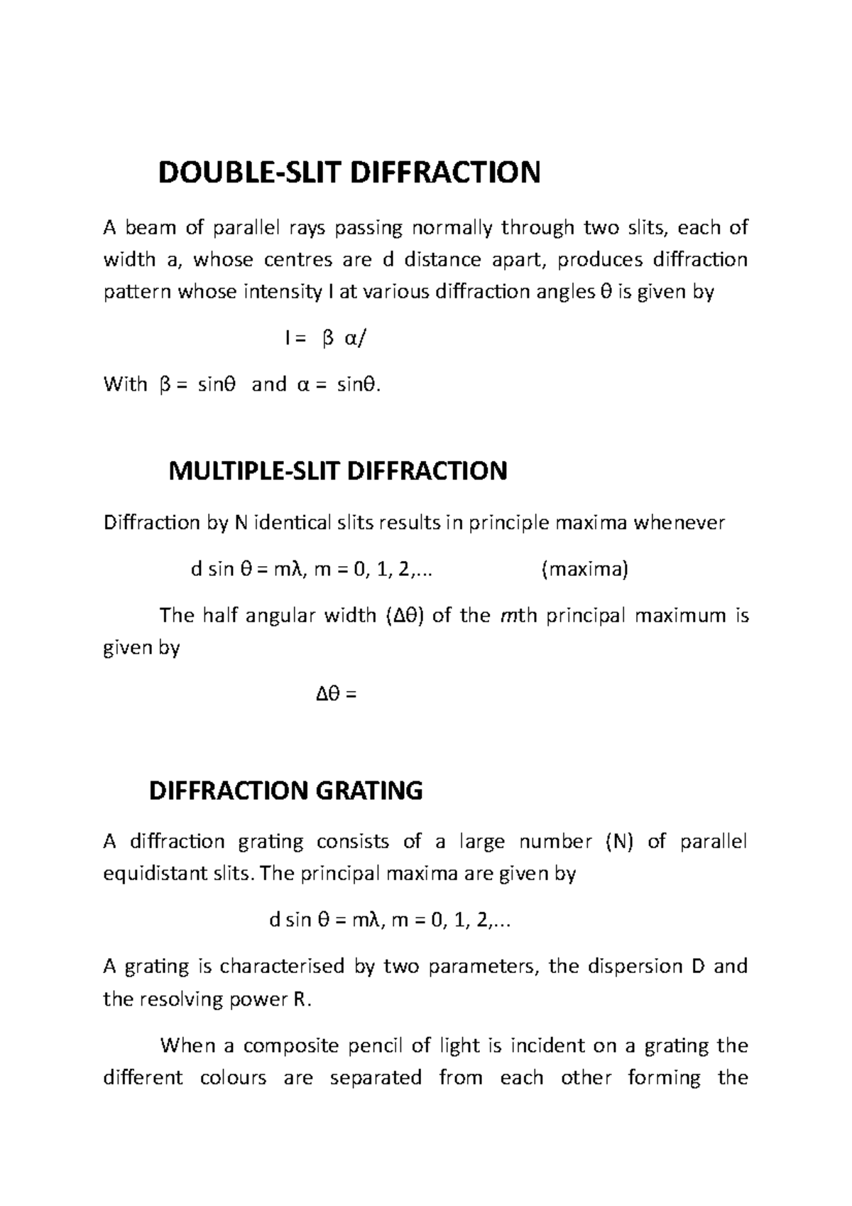 Double-SLIT Diffraction - DOUBLE-SLIT DIFFRACTION A beam of parallel ...