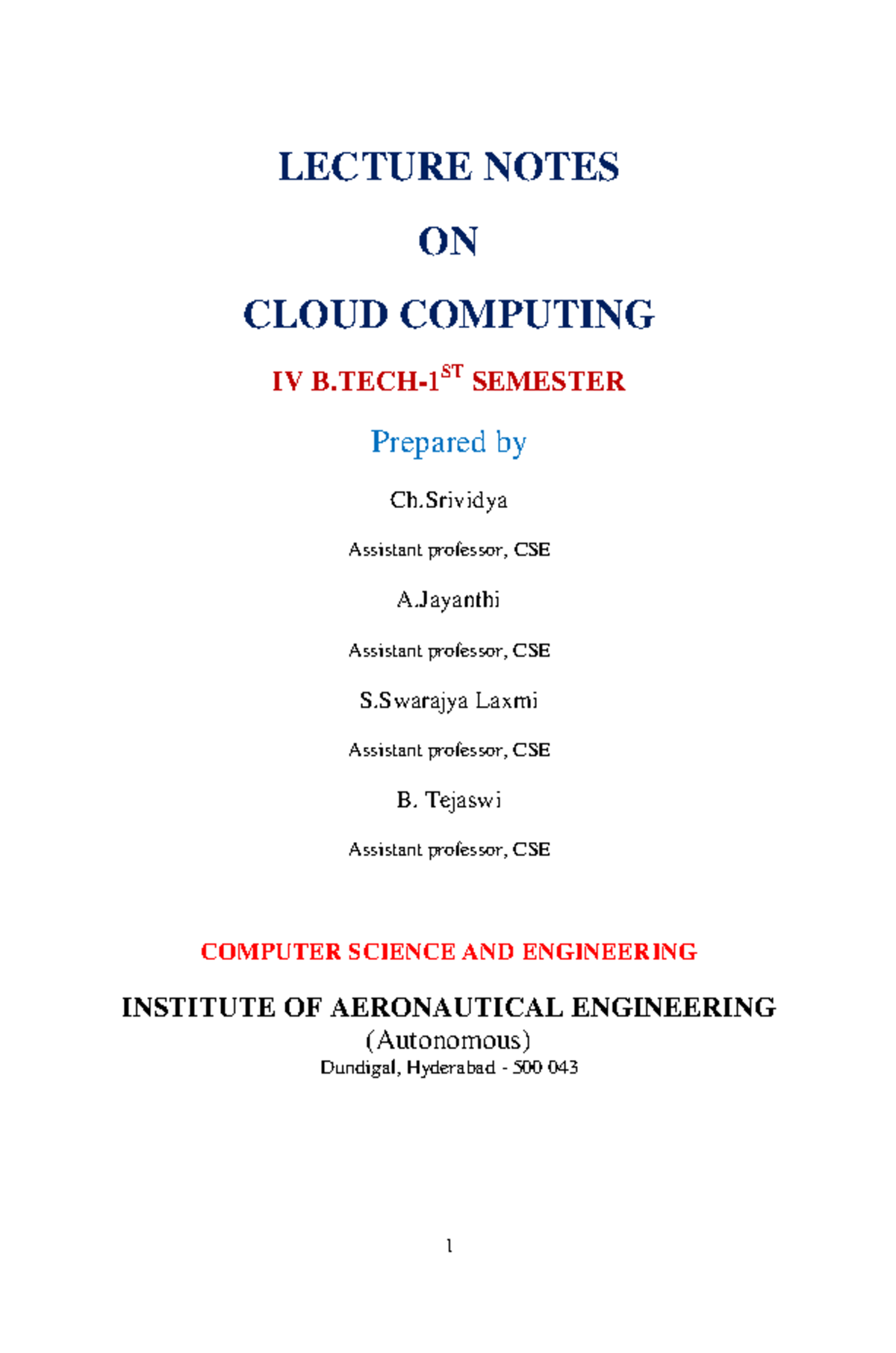 Cloud Computing Notes Lecture Notes On Cloud Computing Iv B 1st Semester Prepared By Ch