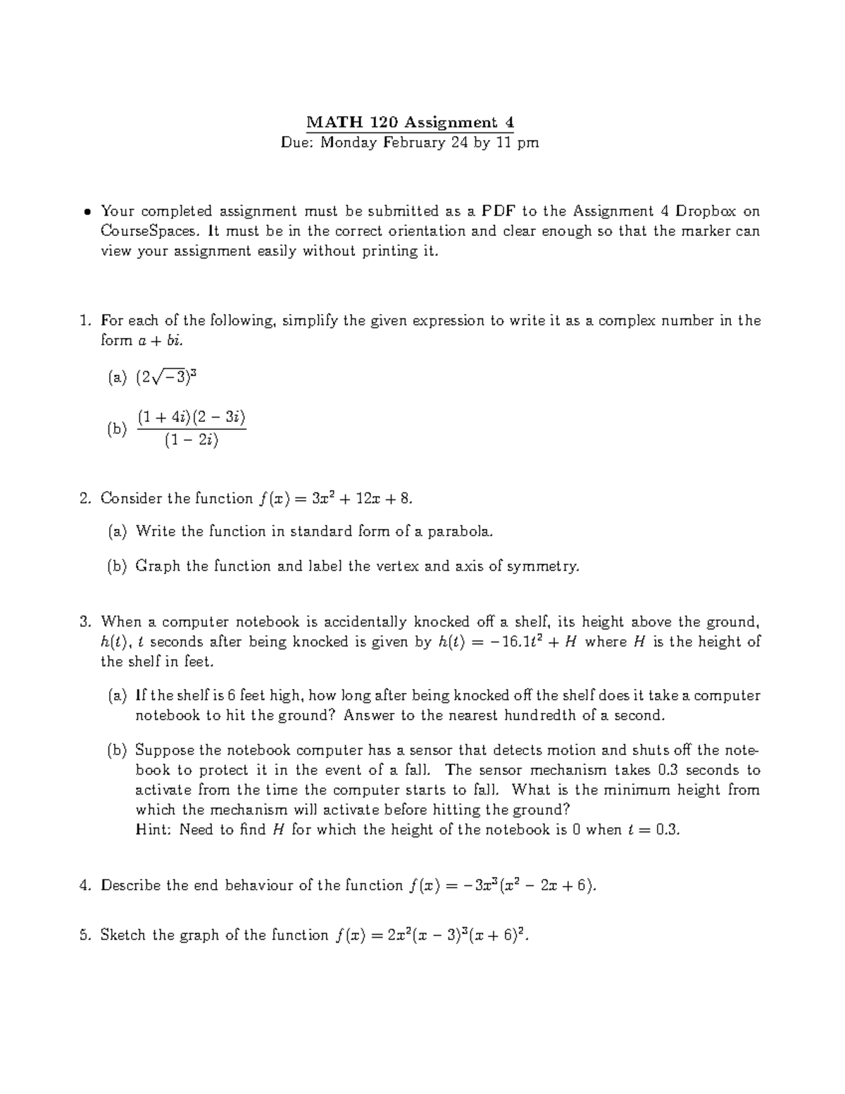 Exam 1 April 2015, questions and answers - MATH 120 Assignment 4 Due ...