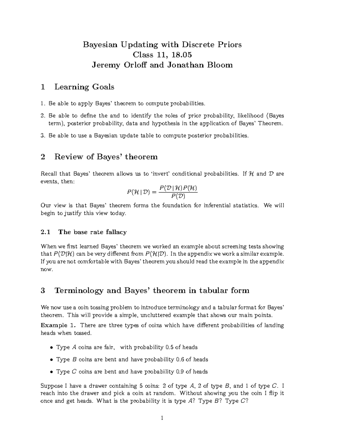 Bayesian Updating with Discrete Priors - Jeremy Orloff and Jonathan Bloom 1 Learning Goals Be ...