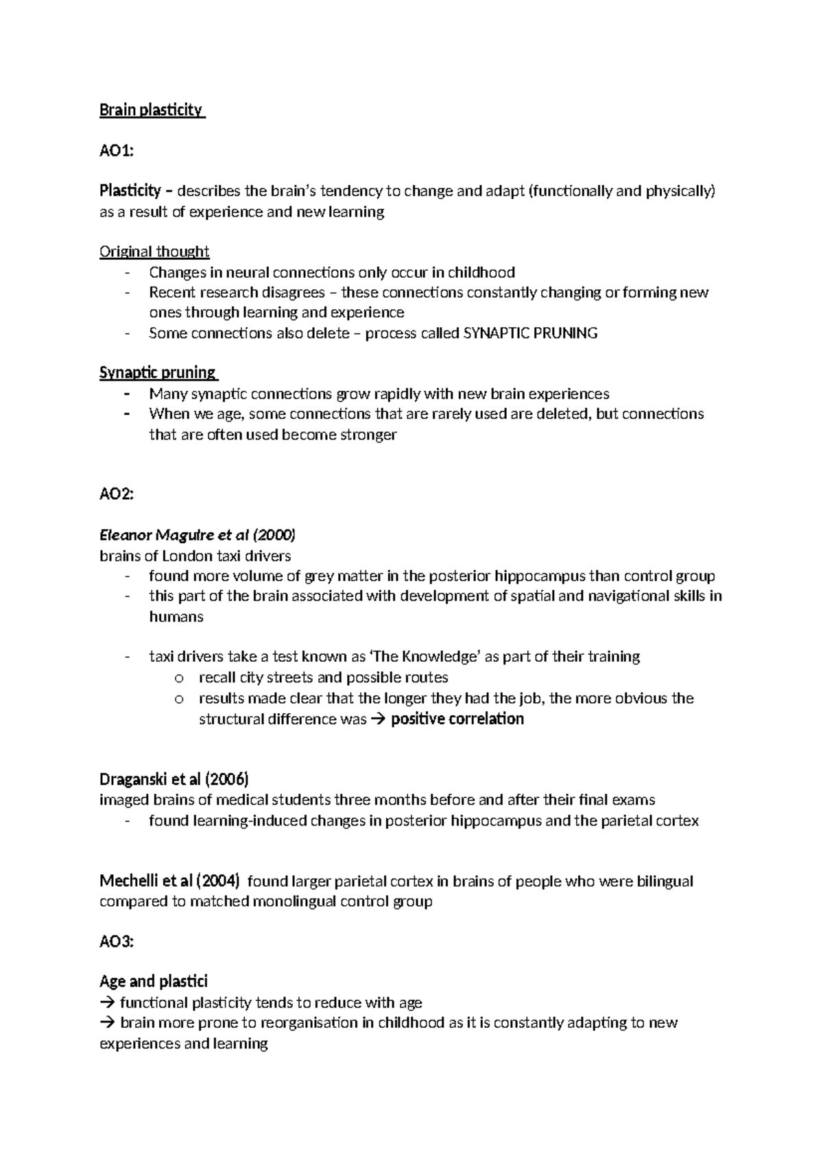 Brain plasticity and functional recovery - Brain plasticity AO1 ...