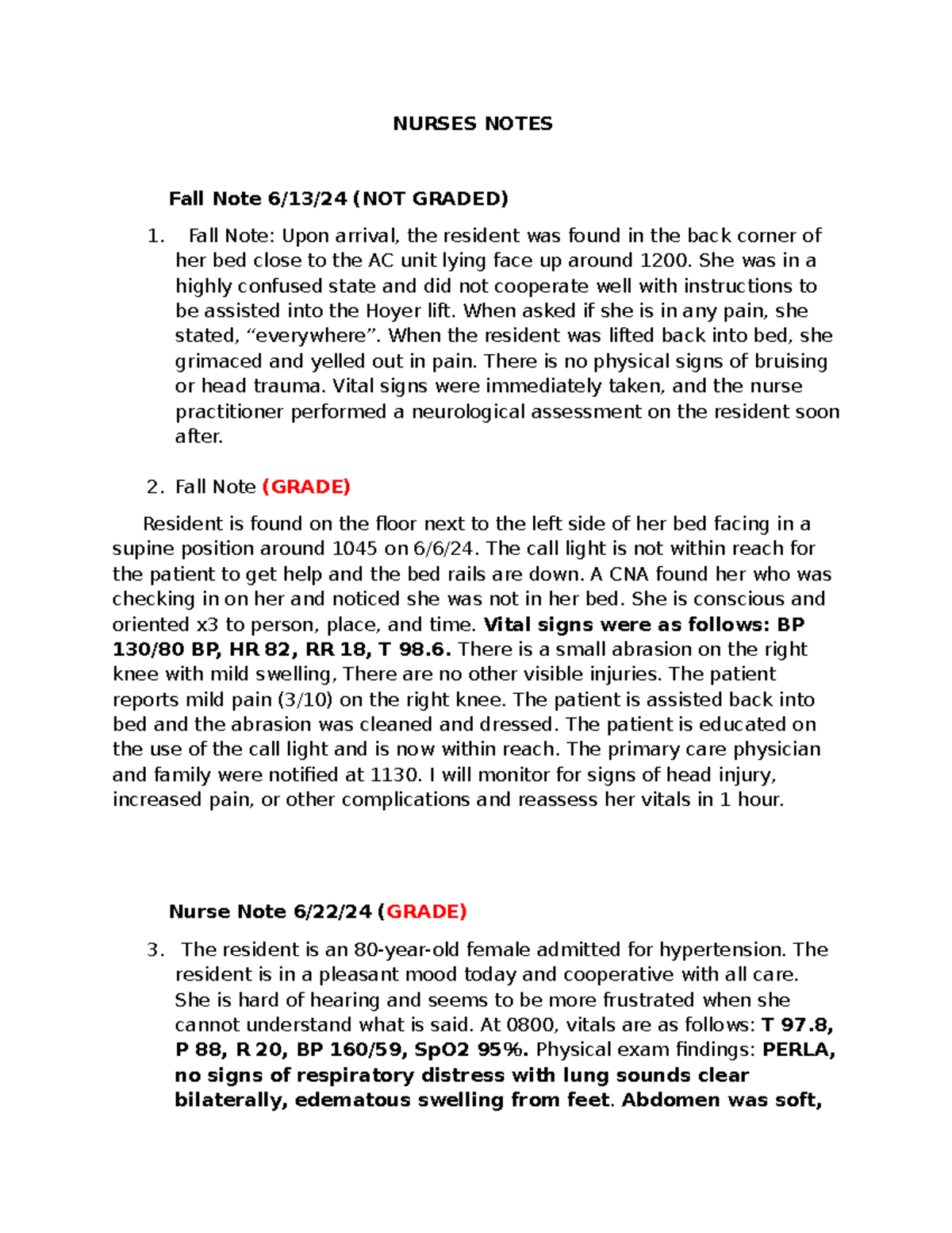 Nurses Notes - NURSES NOTES Fall Note 6/13/24 (NOT GRADED) Fall Note ...
