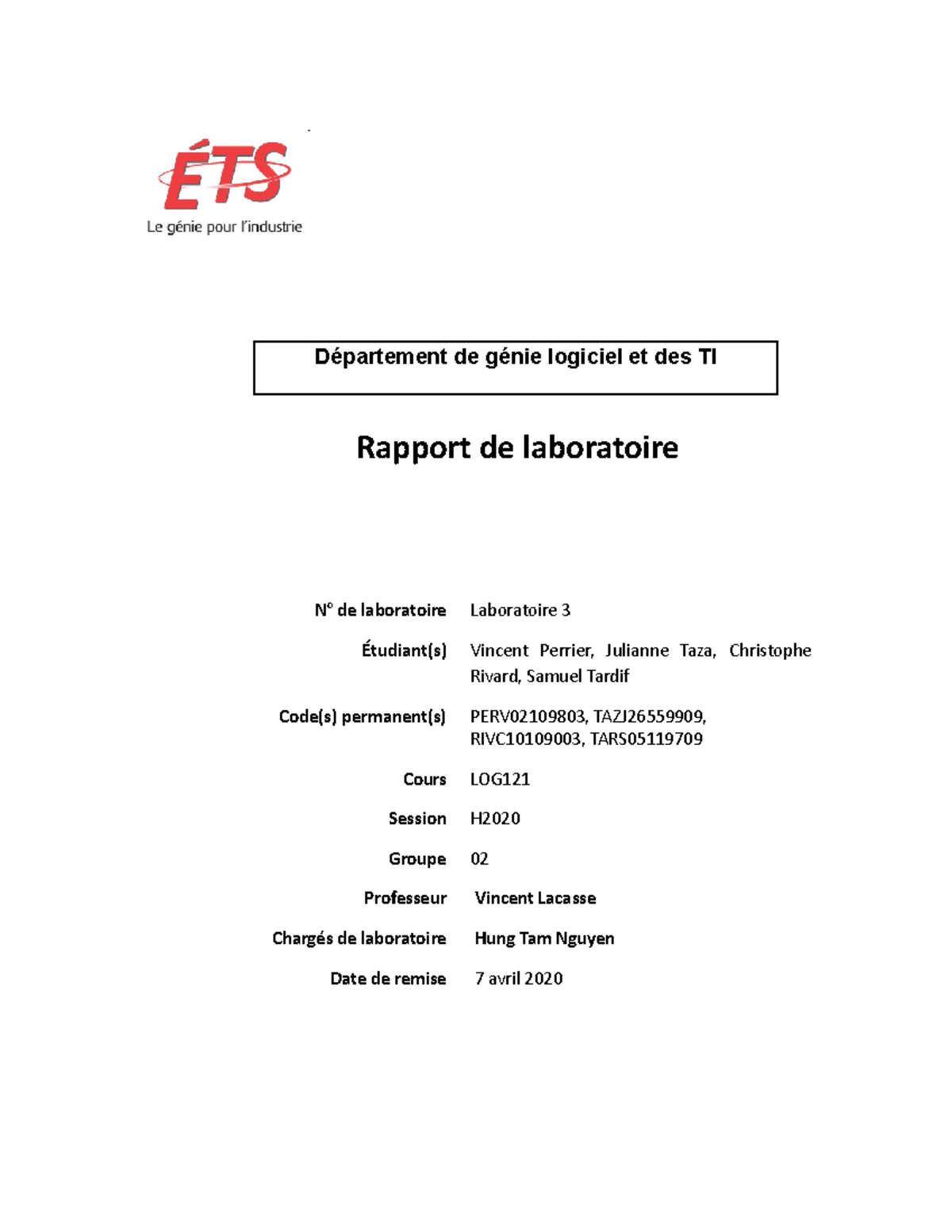 Le laboratoire #3 - Rapport de laboratoire No de laboratoire ...