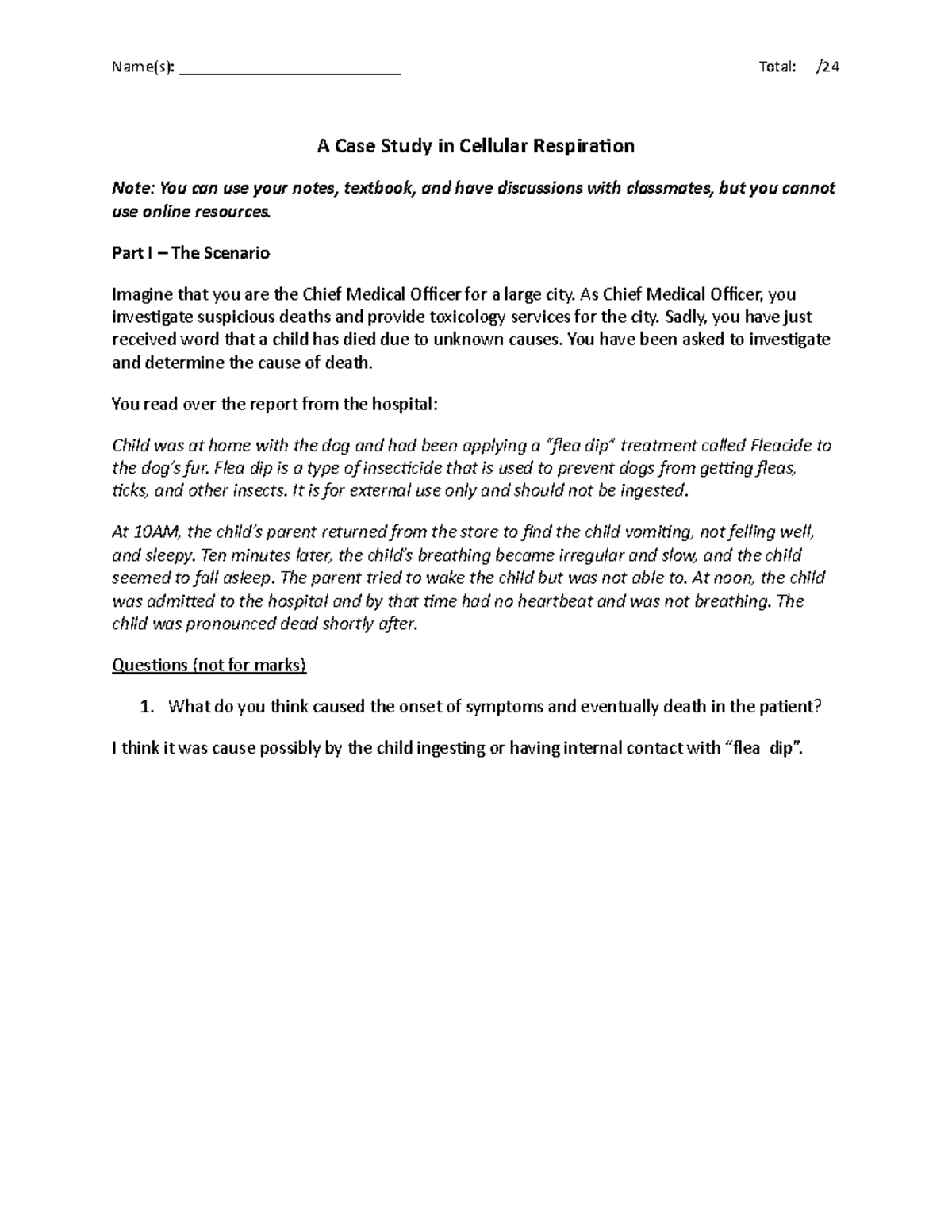 Metabolic Processes Lab - A Case Study in Cellular Respiration Note ...