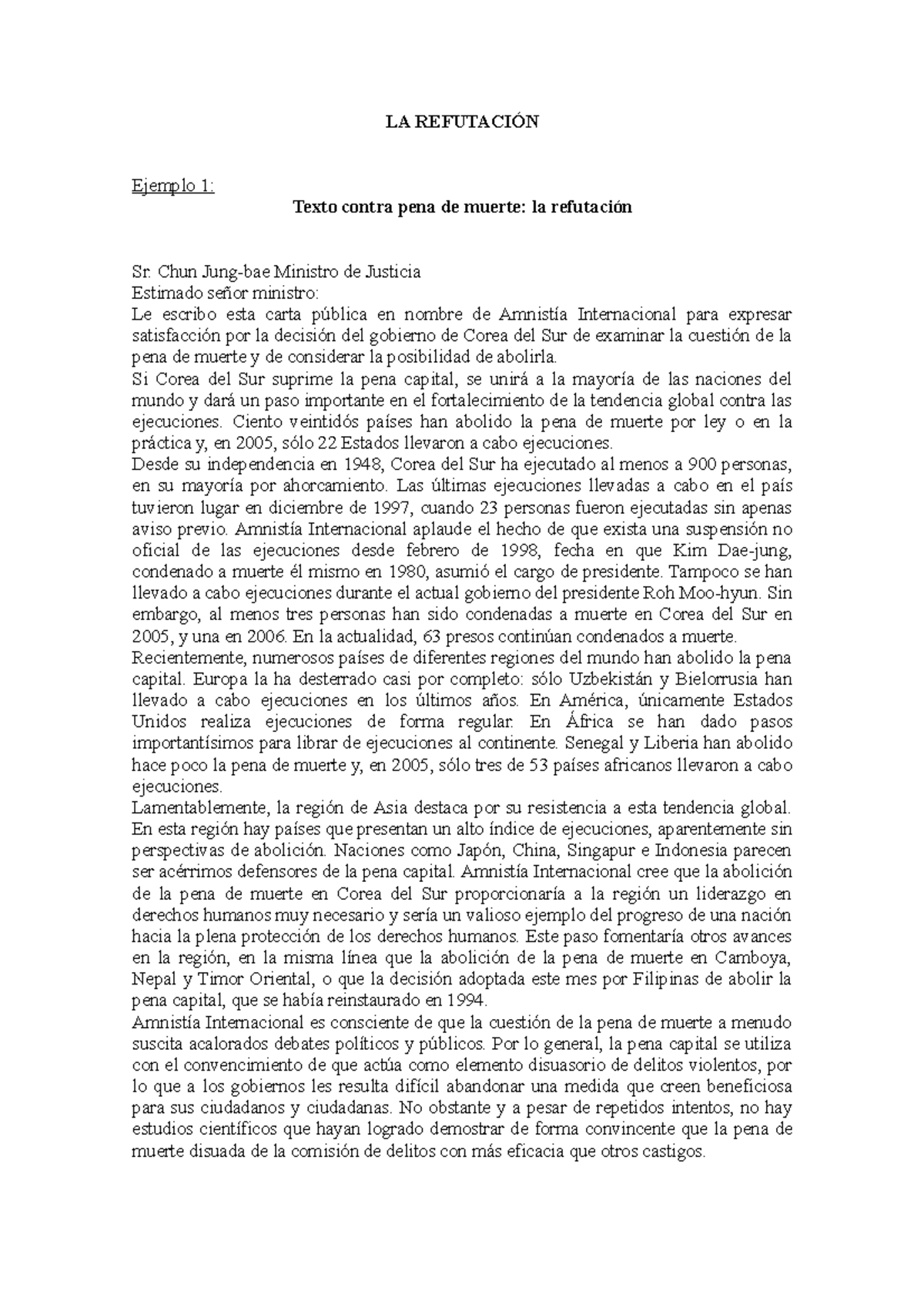 Ejemplo de refutacion - LA REFUTACIÓN Ejemplo 1: Texto contra pena de ...