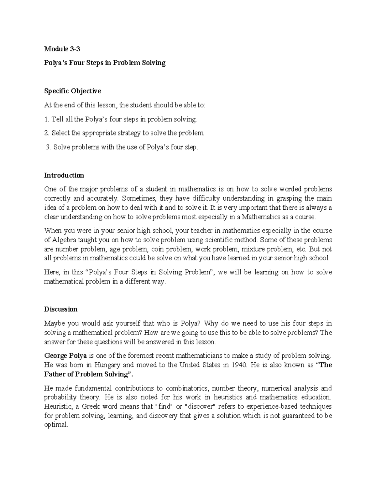 Module 3 - Module 3- Polya’s Four Steps in Problem Solving Specific ...