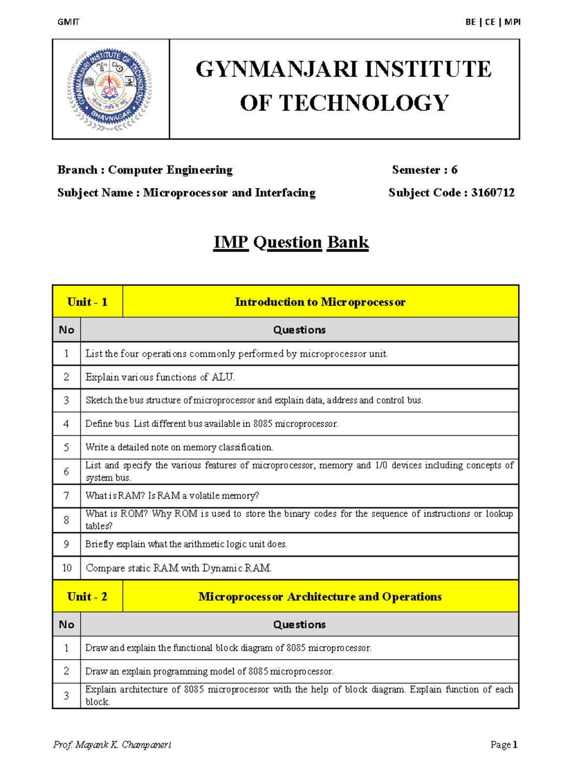 J - IMP Question Bank - Branch : Computer Engineering Semester : 6 Subject Name : Microprocessor ...