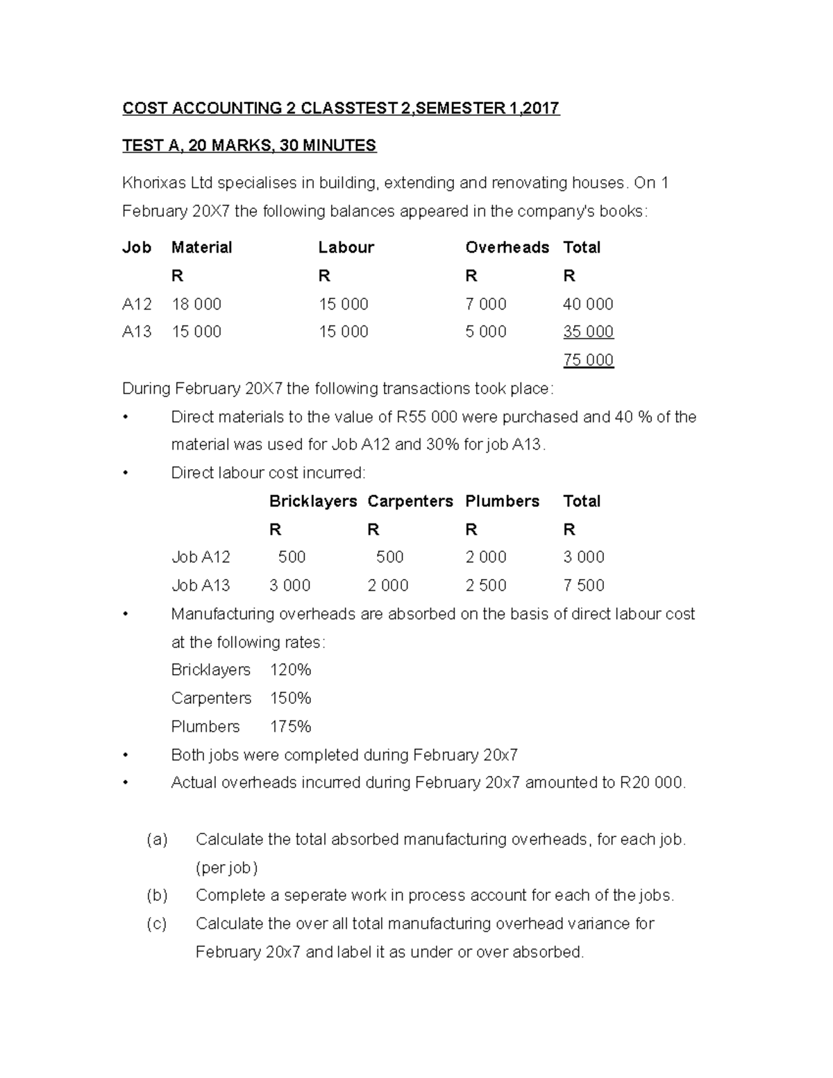 Management accounting - COST ACCOUNTING 2 CLASSTEST 2,SEMESTER 1, TEST ...