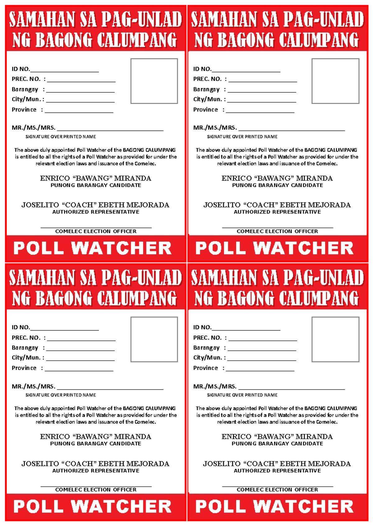 POLL Watcher - Wala lang - ID NO.____________________ PREC. NO ...