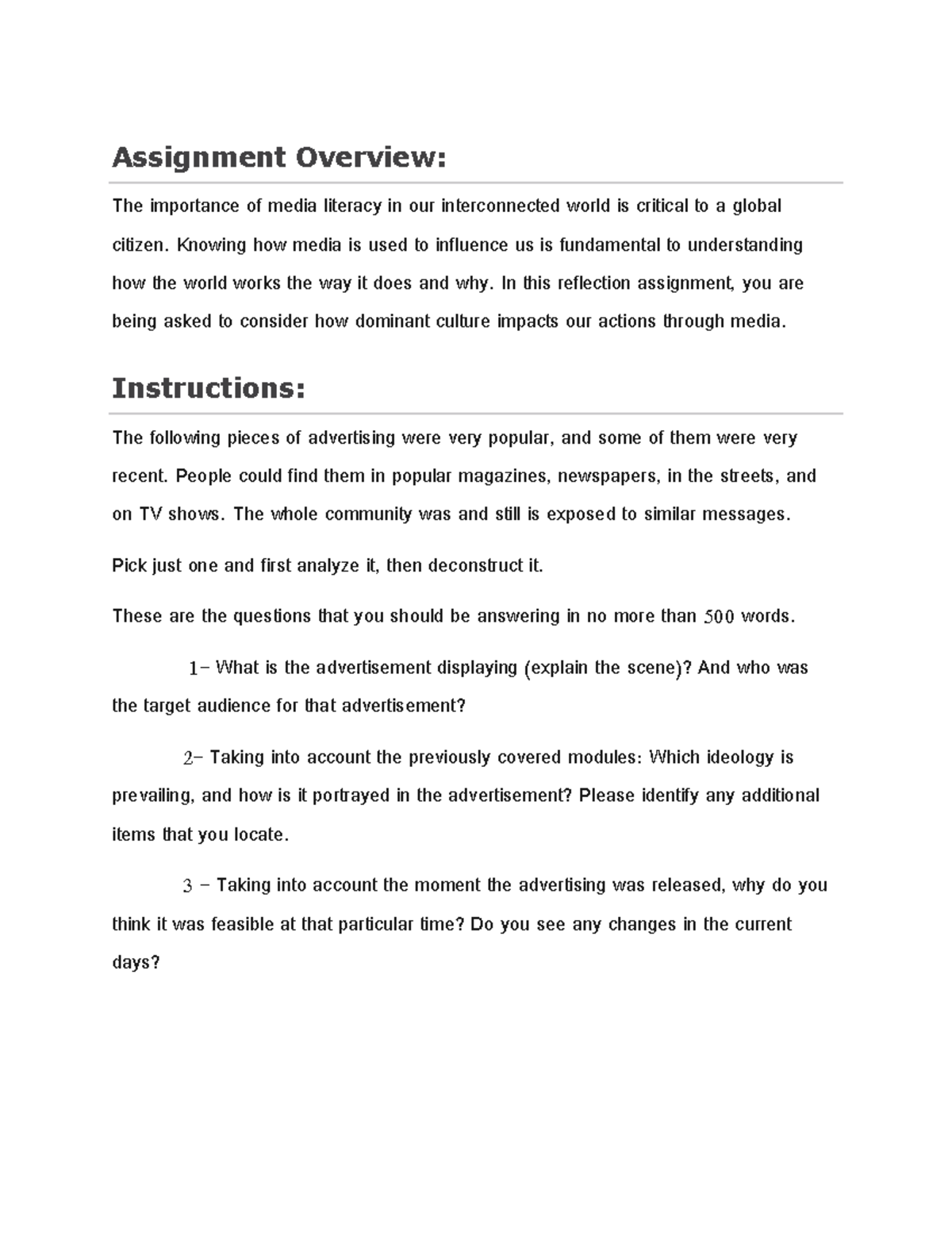 Reflective Assignment 2 - Media Literacy - Assignment Overview: The ...