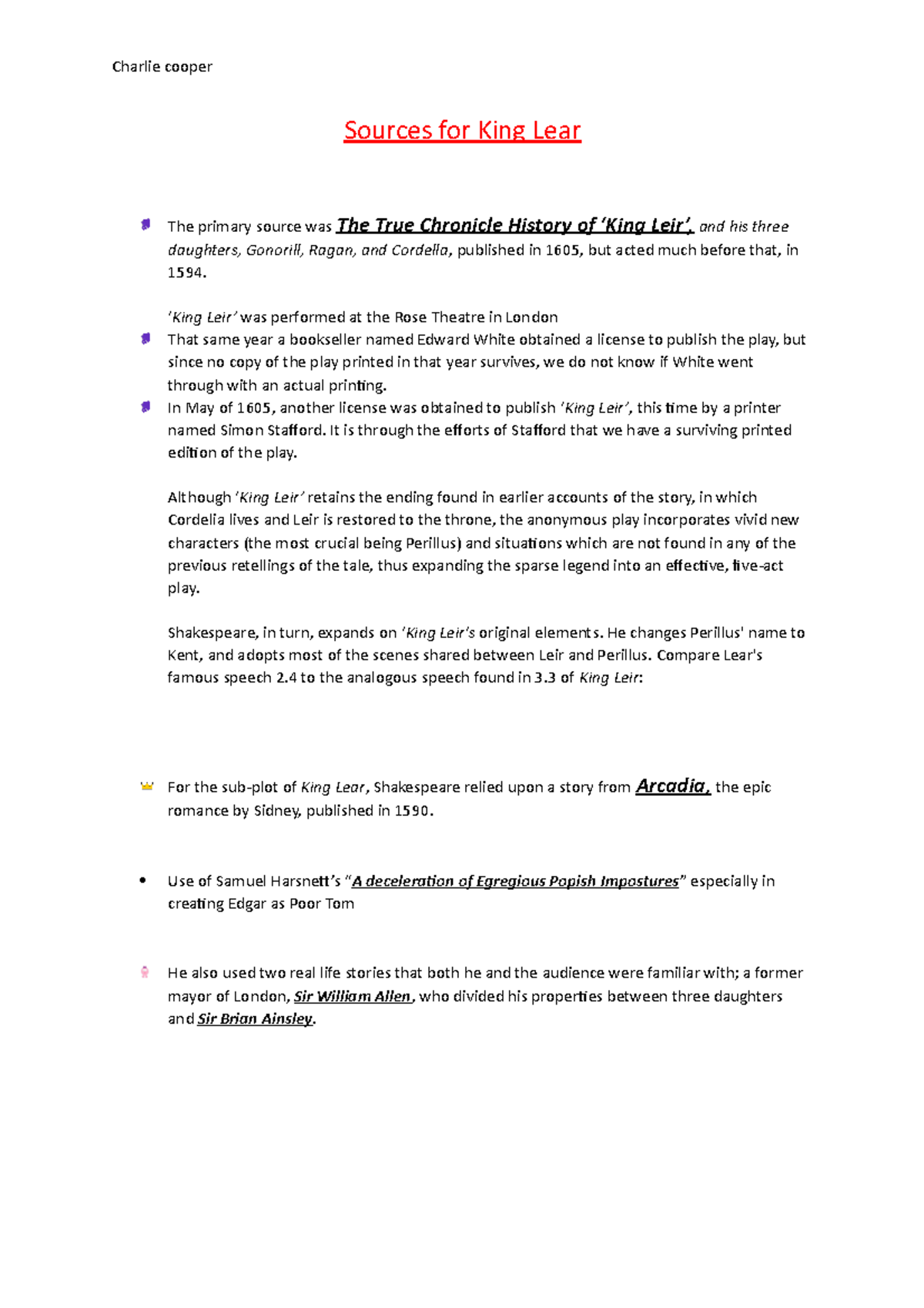 1 - Helpful - Charlie cooper Sources for King Lear The primary source ...