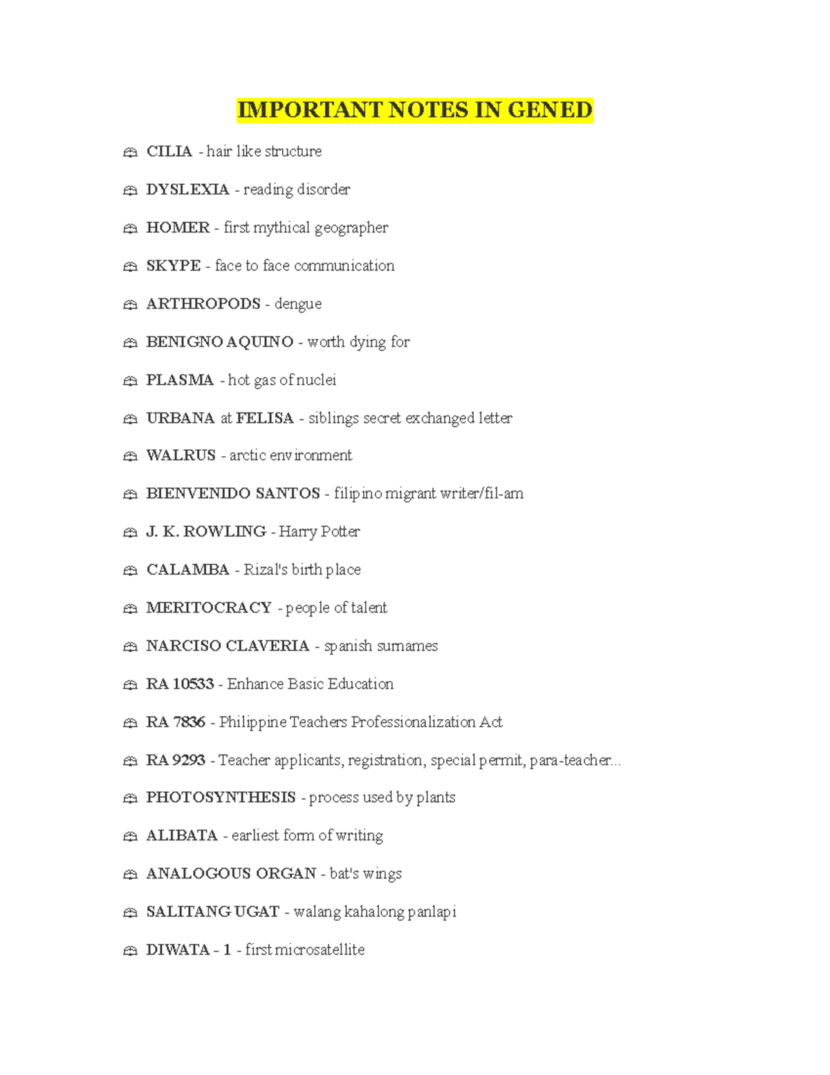 Important Notes IN Gened - IMPORTANT NOTES IN GENED CILIA - hair like ...