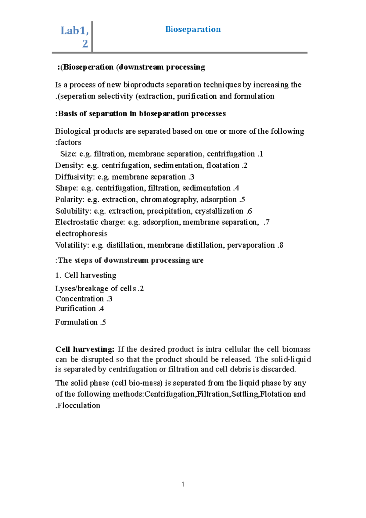 Bioseparation Lab -2 - 2 :( Bioseperation (downstream processing Is a ...