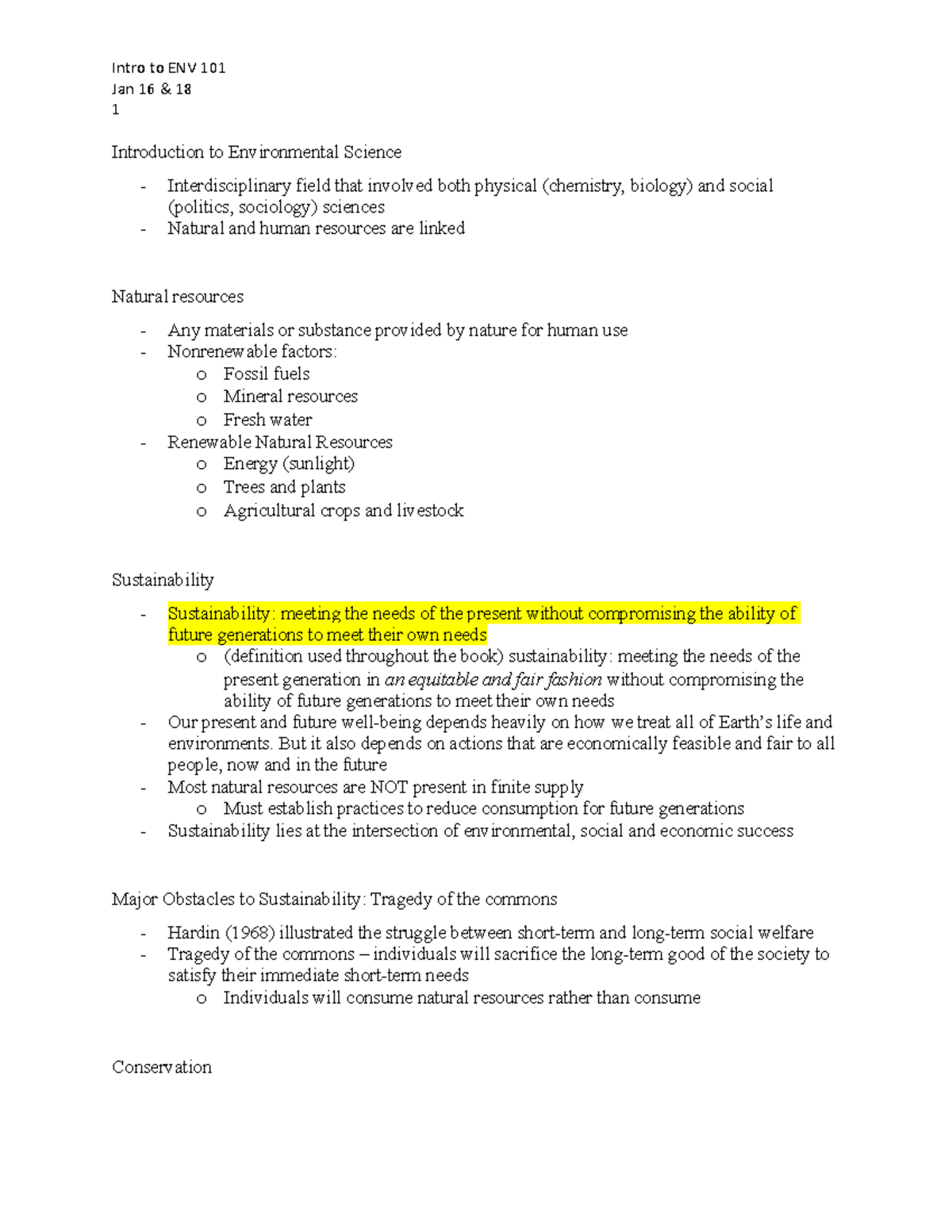 Introduction to Environmental Science - Jan 16 and 18 - Intro to ENV ...