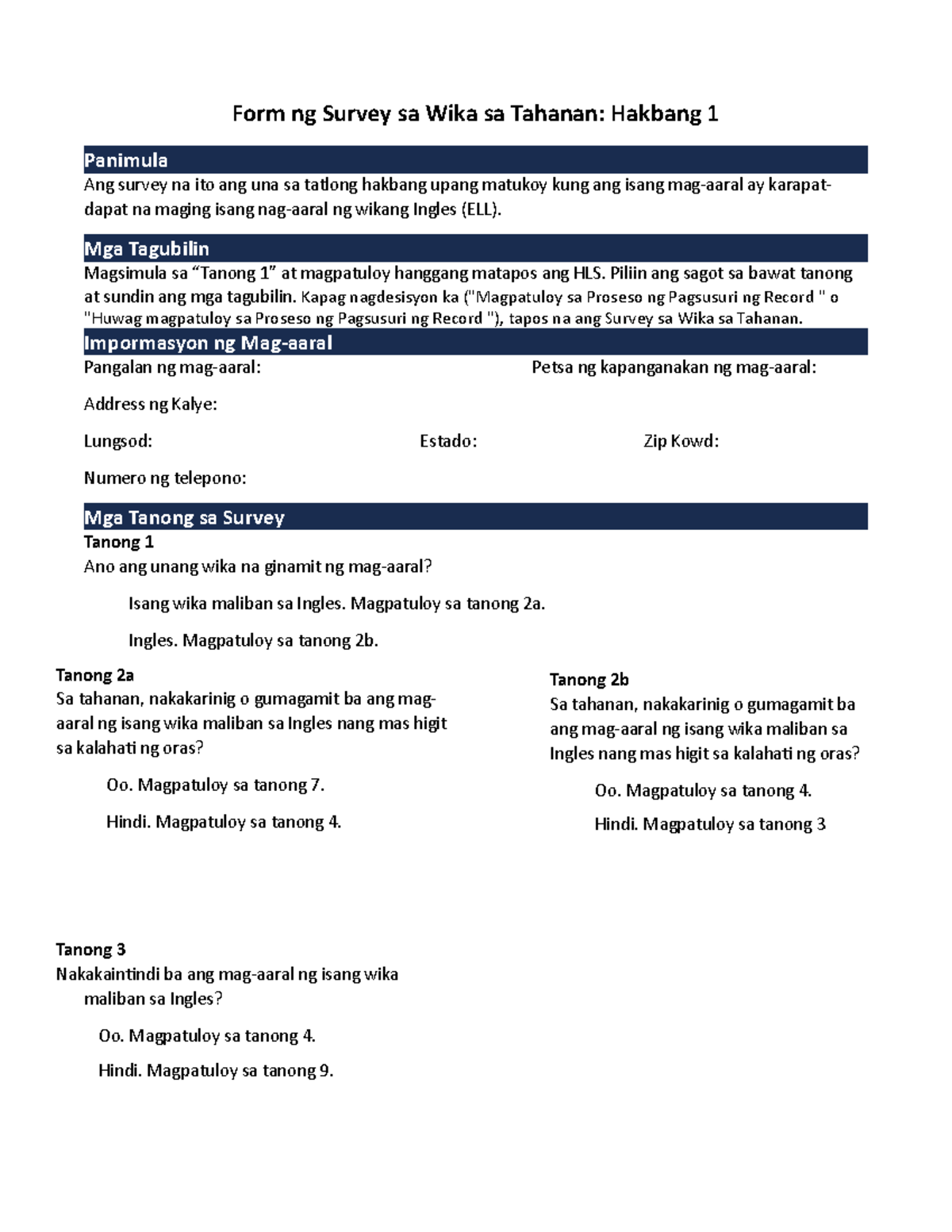 Home Language Survey-Tagalog - Form ng Survey sa Wika sa Tahanan ...