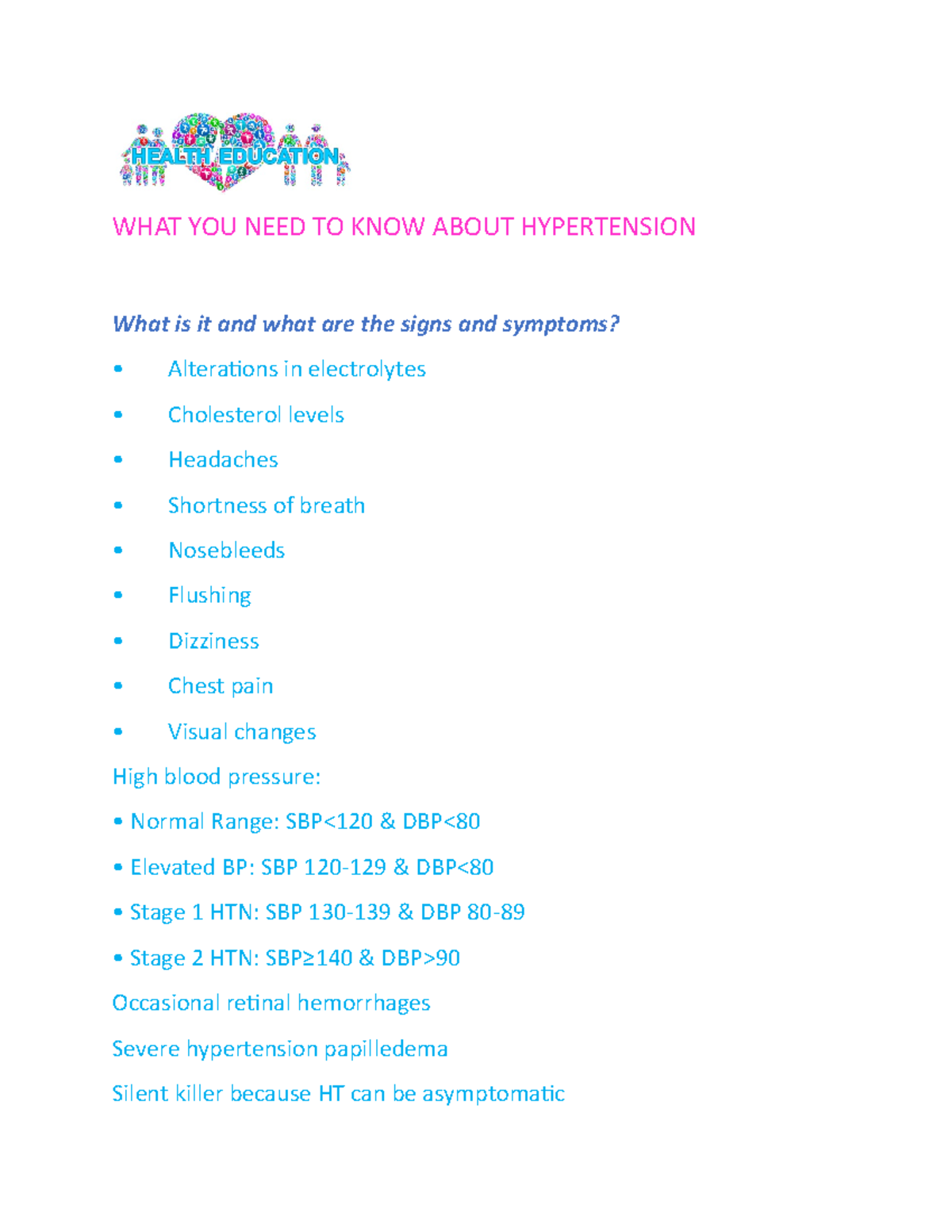 HTN - Patient Education form - WHAT YOU NEED TO KNOW ABOUT HYPERTENSION ...
