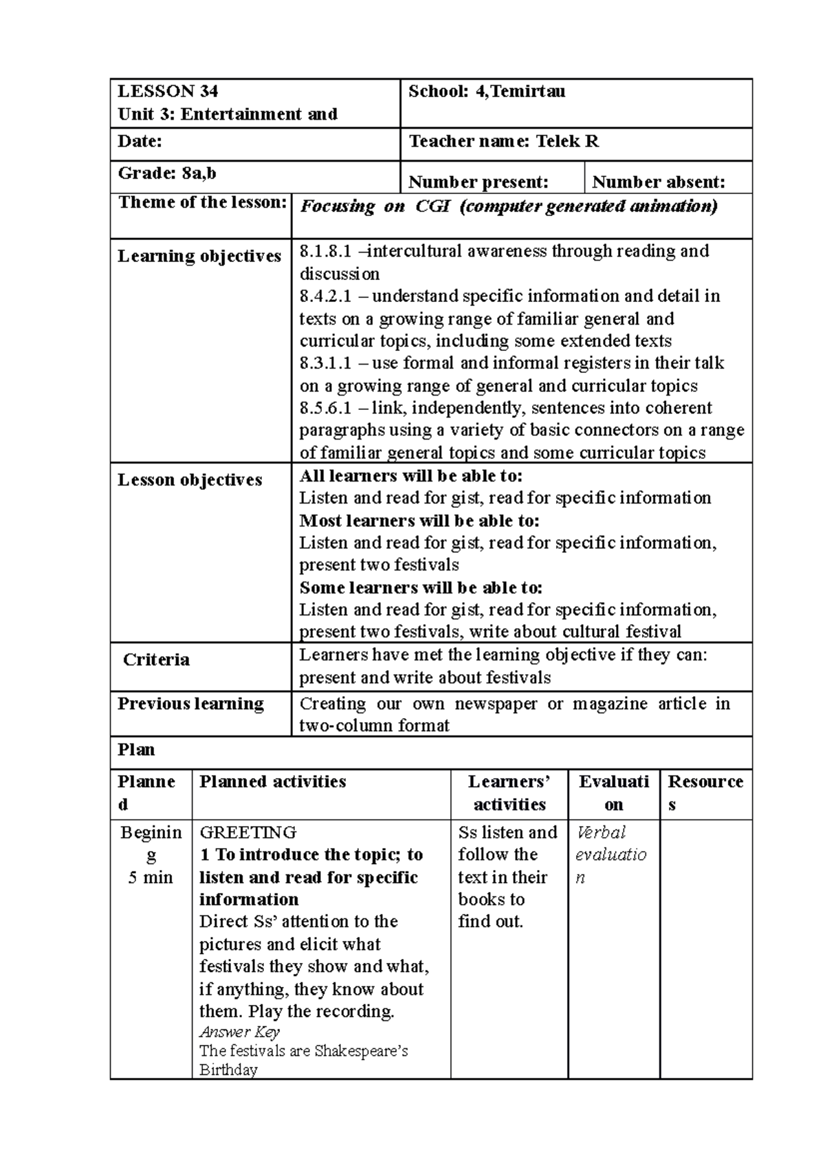 8 сын 16 - lesson plans for 7-8 grade for techers and students - LESSON ...