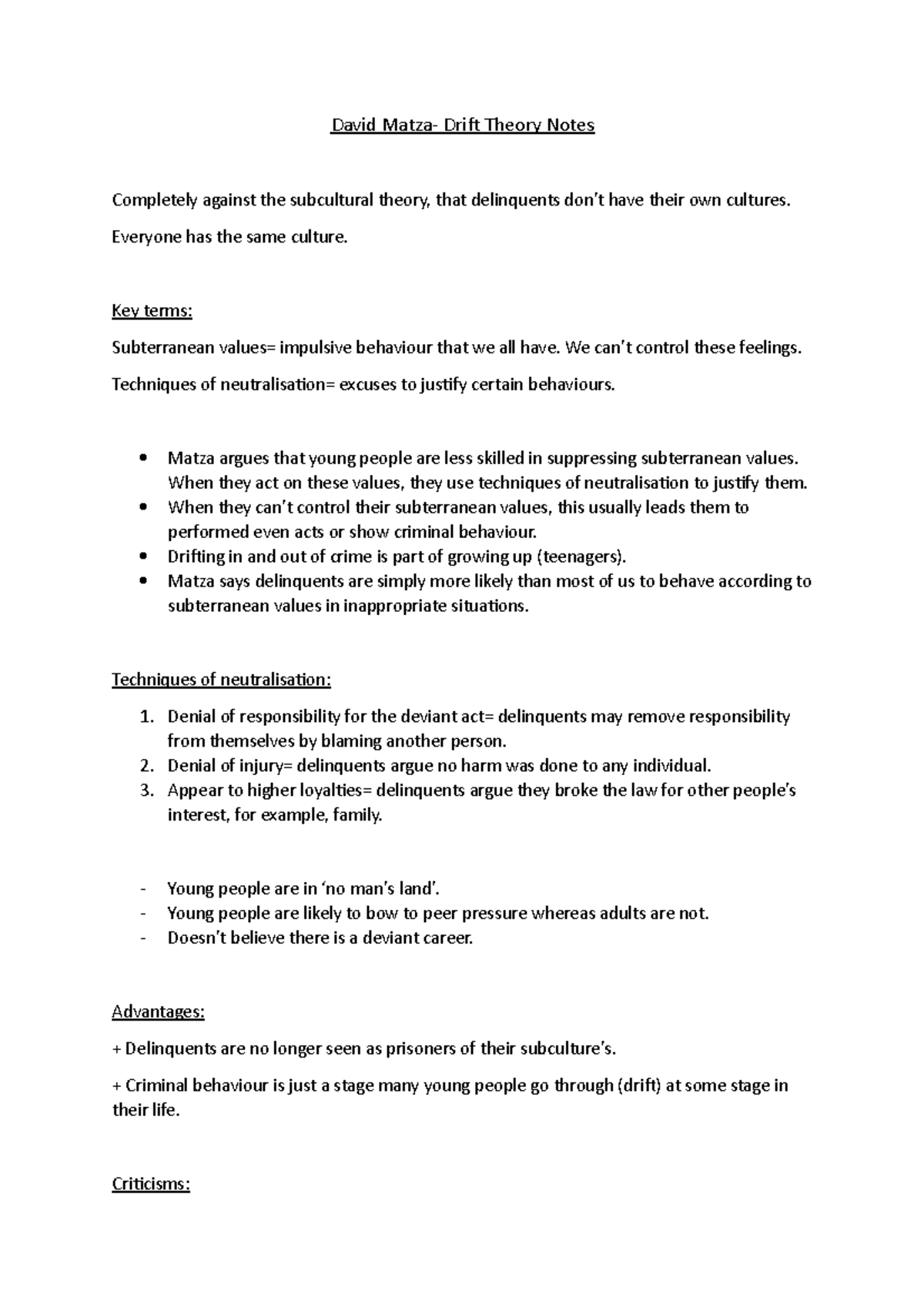 Matza- Drift Theory Notes - David Matza- Drift Theory Notes Completely ...