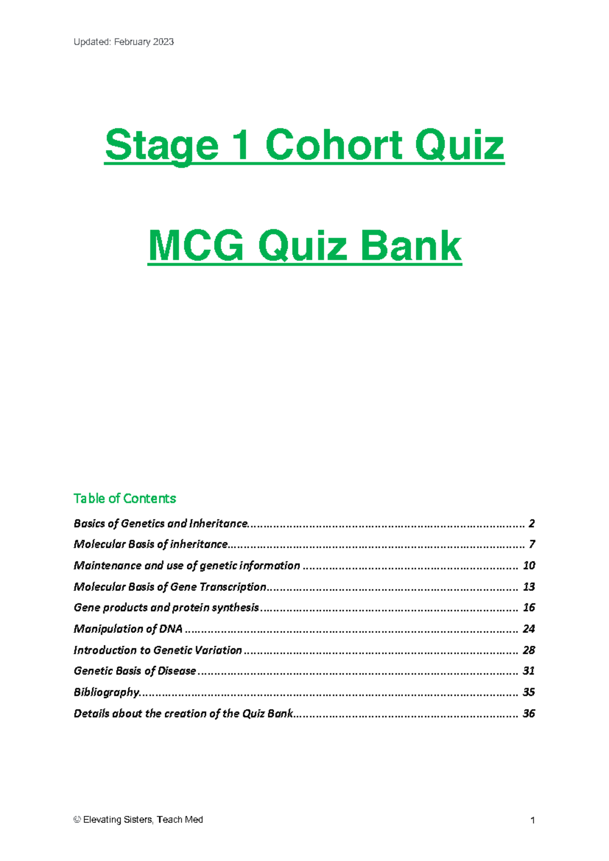 2223 MCG Quiz Bank pdf - mcg qb - Stage 1 Cohort Quiz MCG Quiz Bank Basics of Genetics and - Studocu