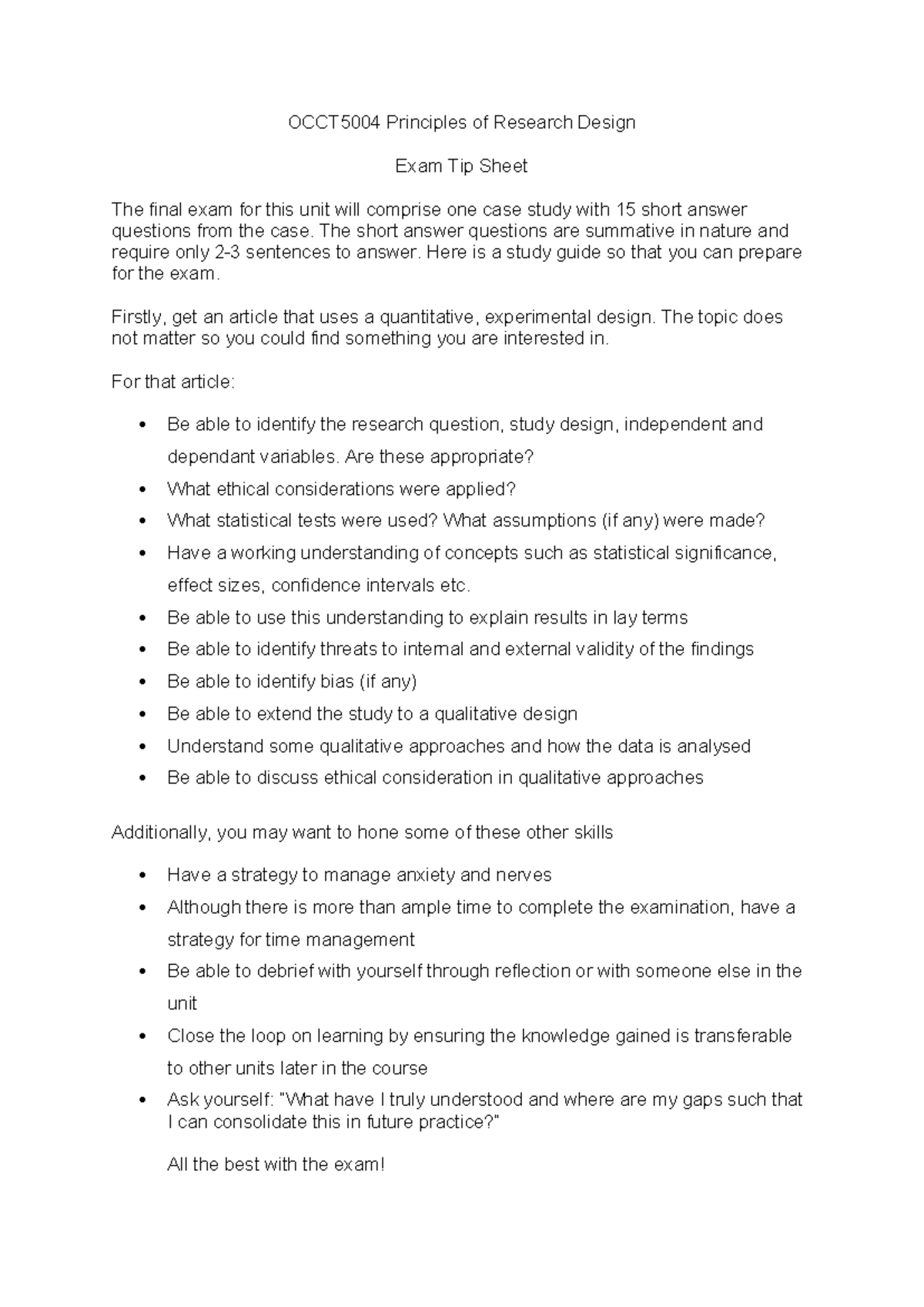 Exam Tip Sheet for OCCT5004 Principles of Research Design - OCCT5004 ...