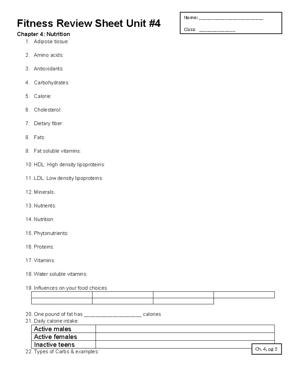 BPE- Unit 3 review sheet -ch 4 - Fitness Review Sheet Unit Chapter 4 ...