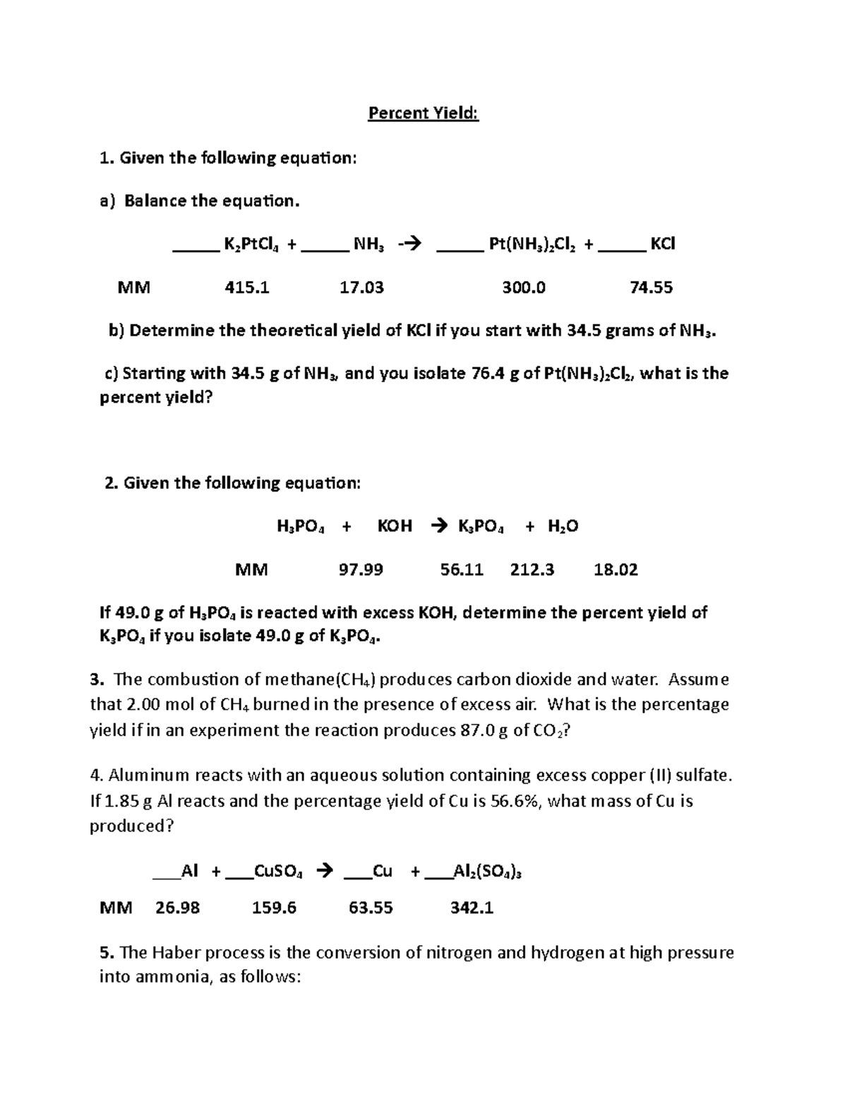 Percent Yield WS - These are practice materials that will be helpful to ...