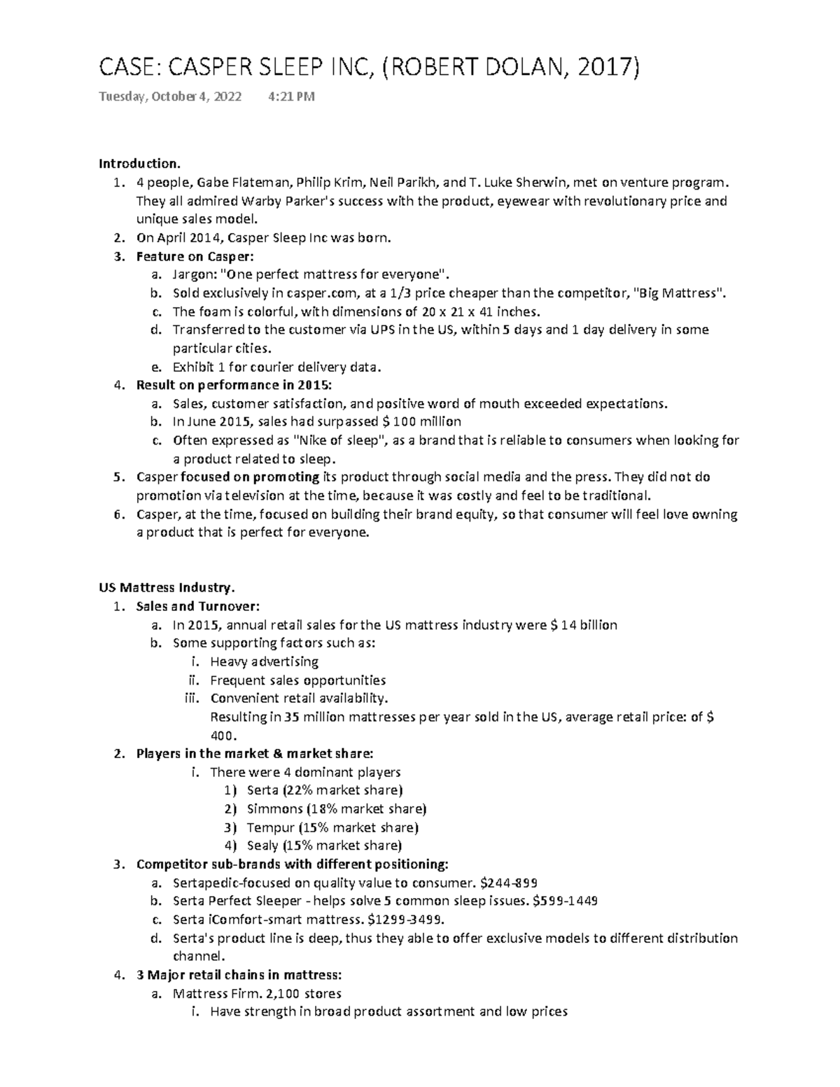 MKT401- Article- Casper Sleep INC- Robert Dolan, 2017- Summary ...