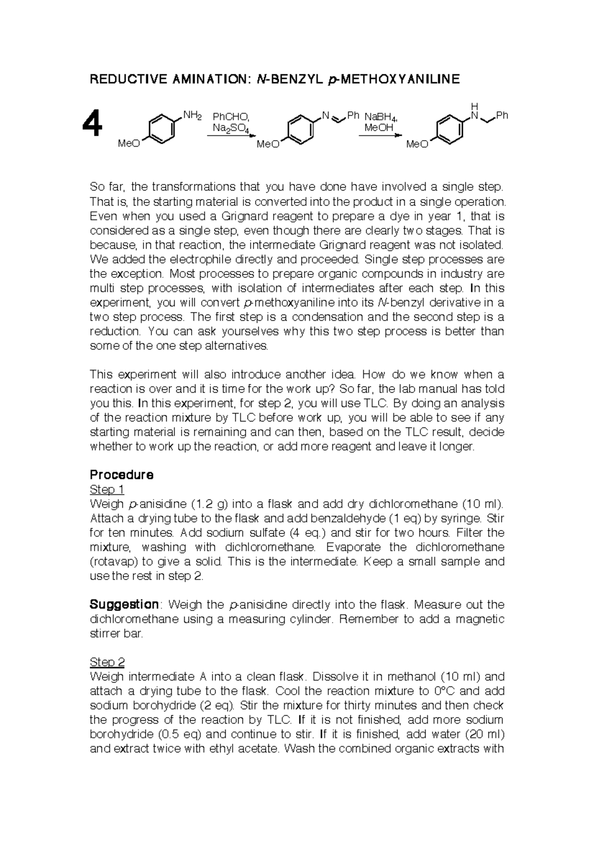Expt 4 for e-lab - Lab Manual - REDUCTIVE AMINATION: N-BENZYL p ...