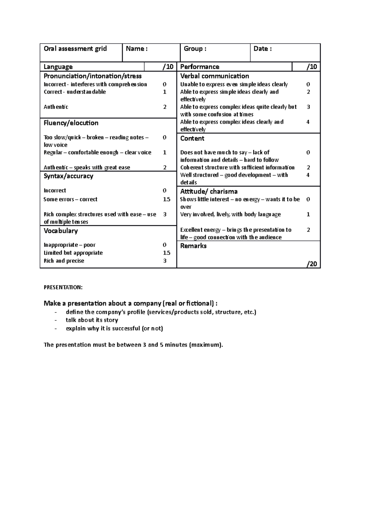 Oral assessment grid Company Presentation - Oral assessment grid Name ...