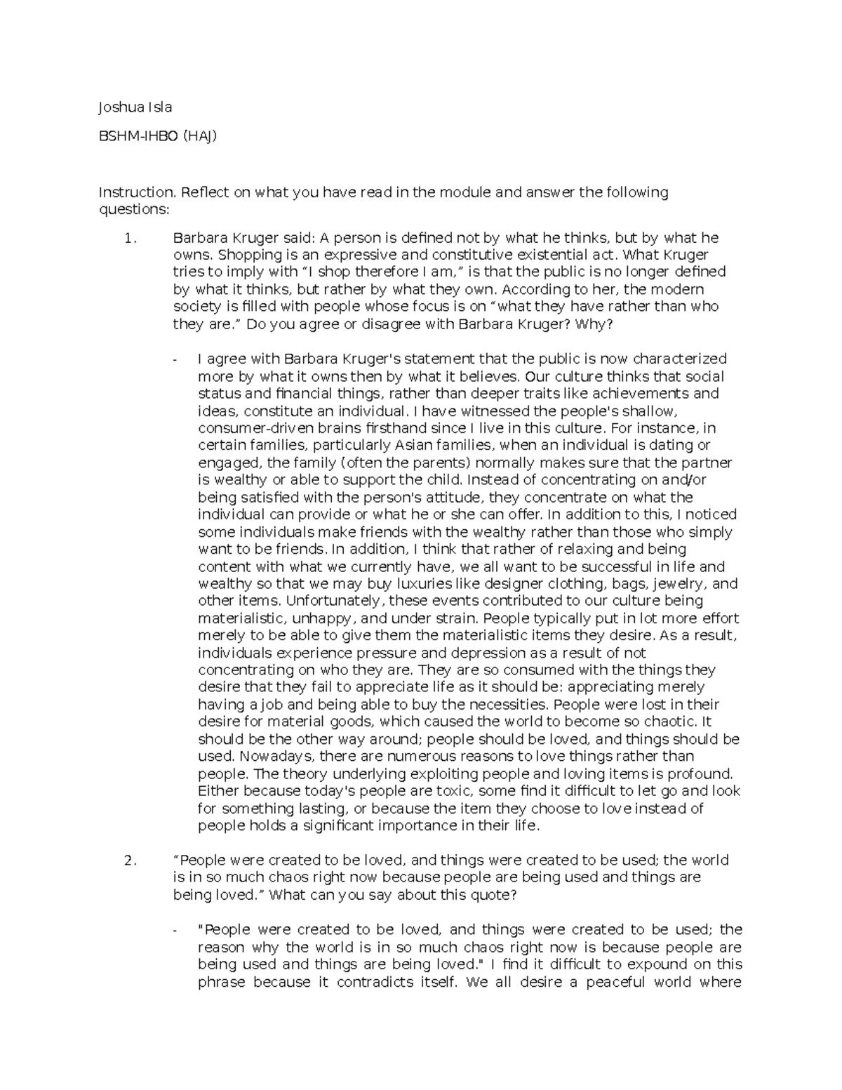 Tself Activity - Joshua Isla BSHM-IHBO (HAJ) Instruction. Reflect on ...