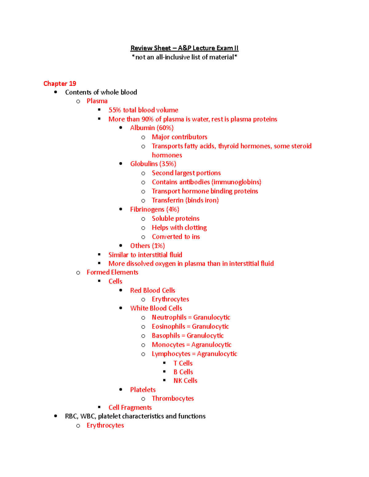 Exam II Review Sheet - Review Sheet – A&P Lecture Exam II not an all-inclusive list of material ...